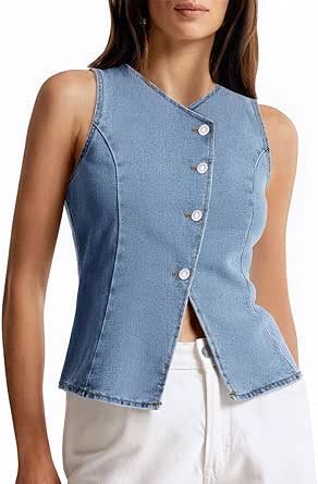 Tankaneo Womens Button Down Denim Vests Tops Sleeveless Fitted Jean