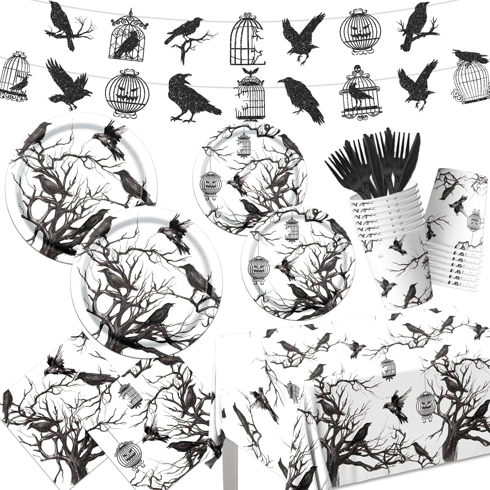 Amazon.com: Gothic Halloween Decor Crows Tableware, 142Pcs Black Crows ...