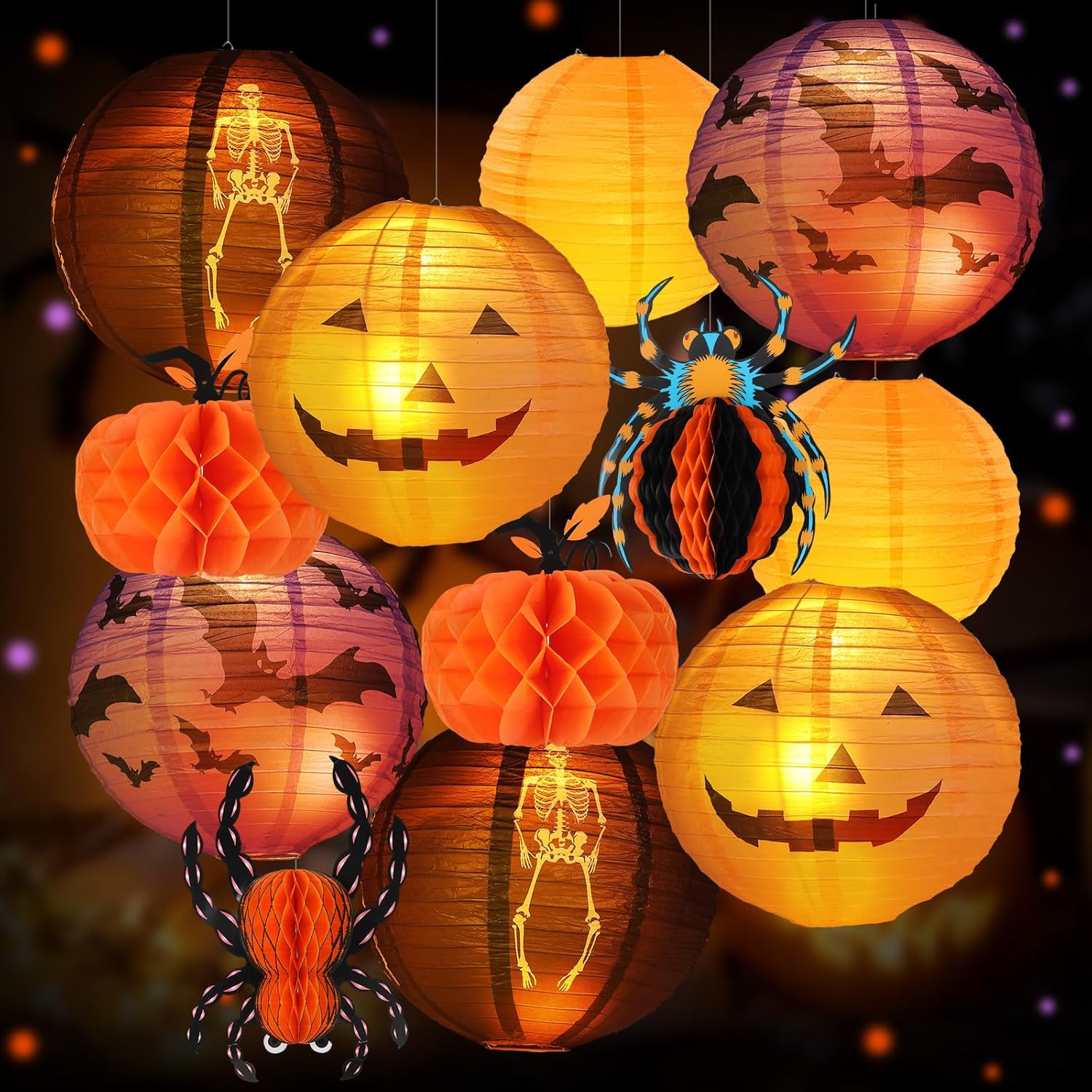 12Pcs Halloween Hanging Decorations Paper Lanterns with 12 LED Lights ...