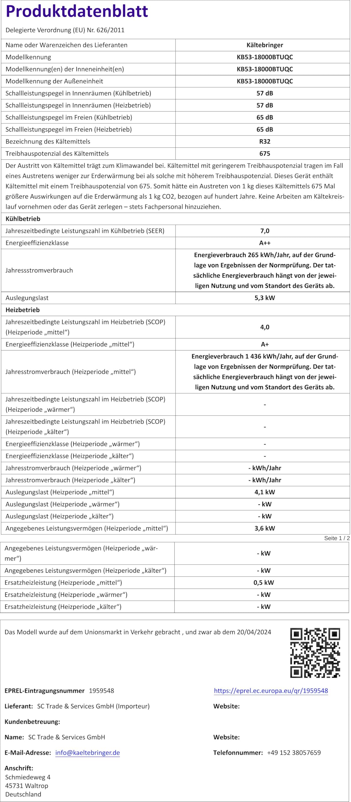 Kältebringer Split Klimaanlage Quick Connect - 18000 BTU (5,3 kW ...