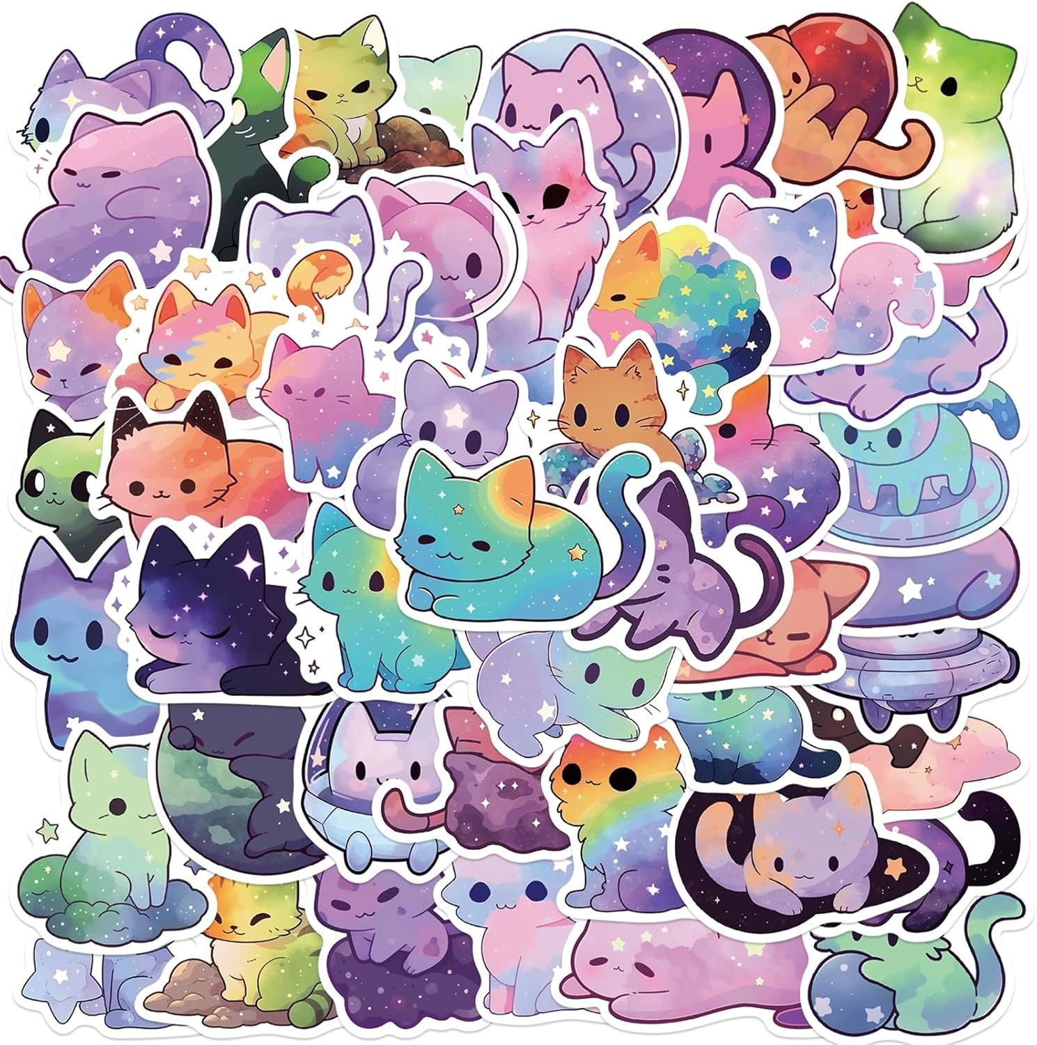 Amazon.com: 50 Pcs Cartoon Rainbow Starry Sky Cat Stickers, Cute ...