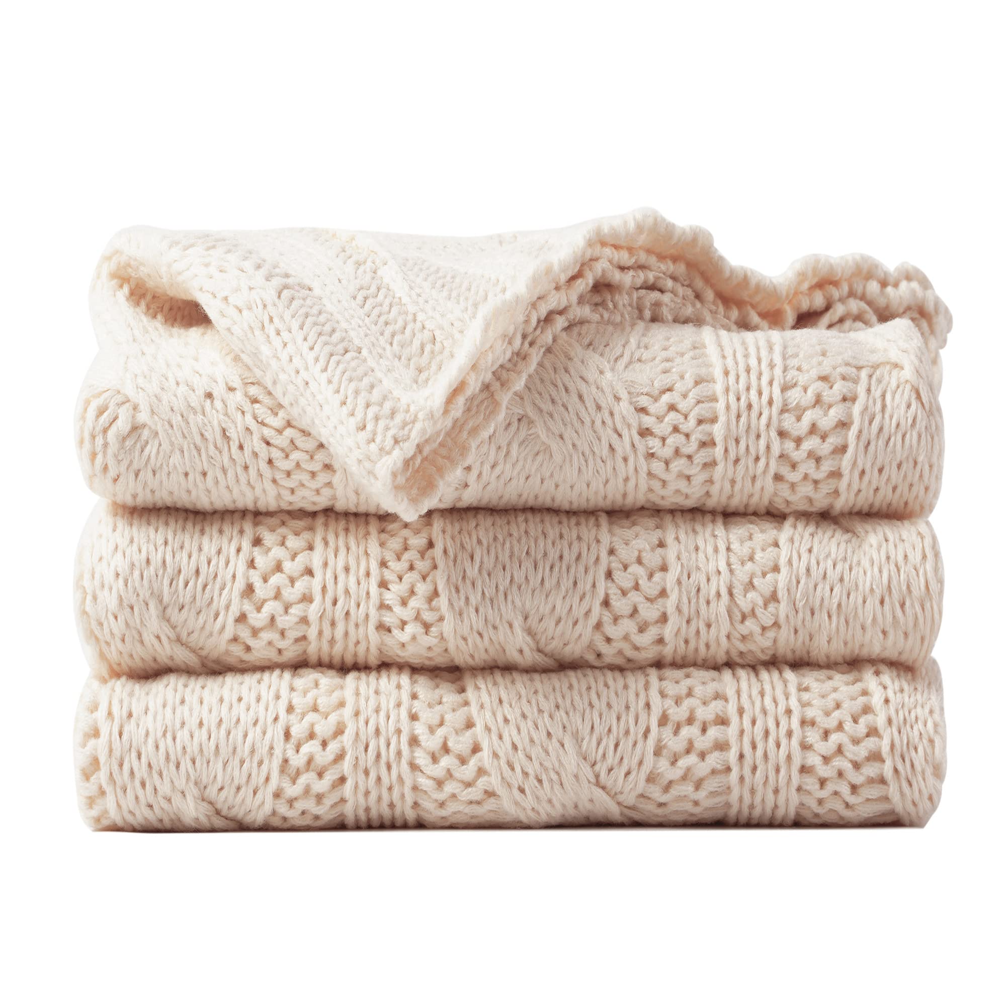 Amazon.com: Battilo Cream Ivory Cable Knit Throw Blankets for Couch ...