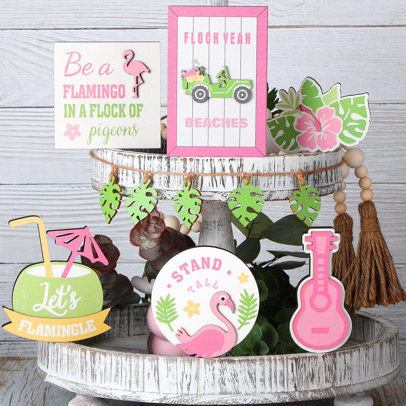 Amazon.com: 11 Pieces Summer Tiered Tray Decor Set Aloha Wood Table ...