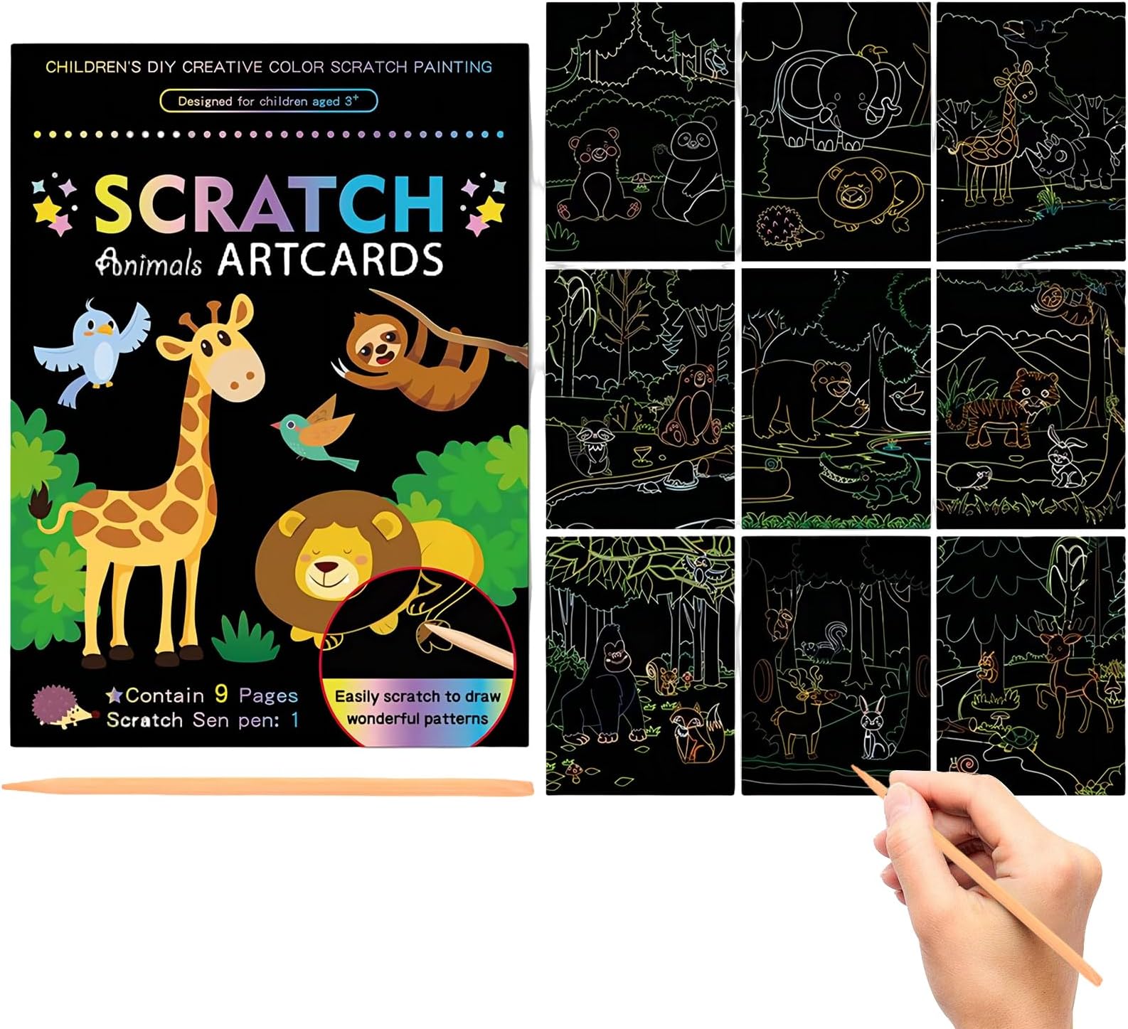 9 Pcs Scratch Art Paper for Kids, Rainbow Animal Scratch Off Paper Arts ...