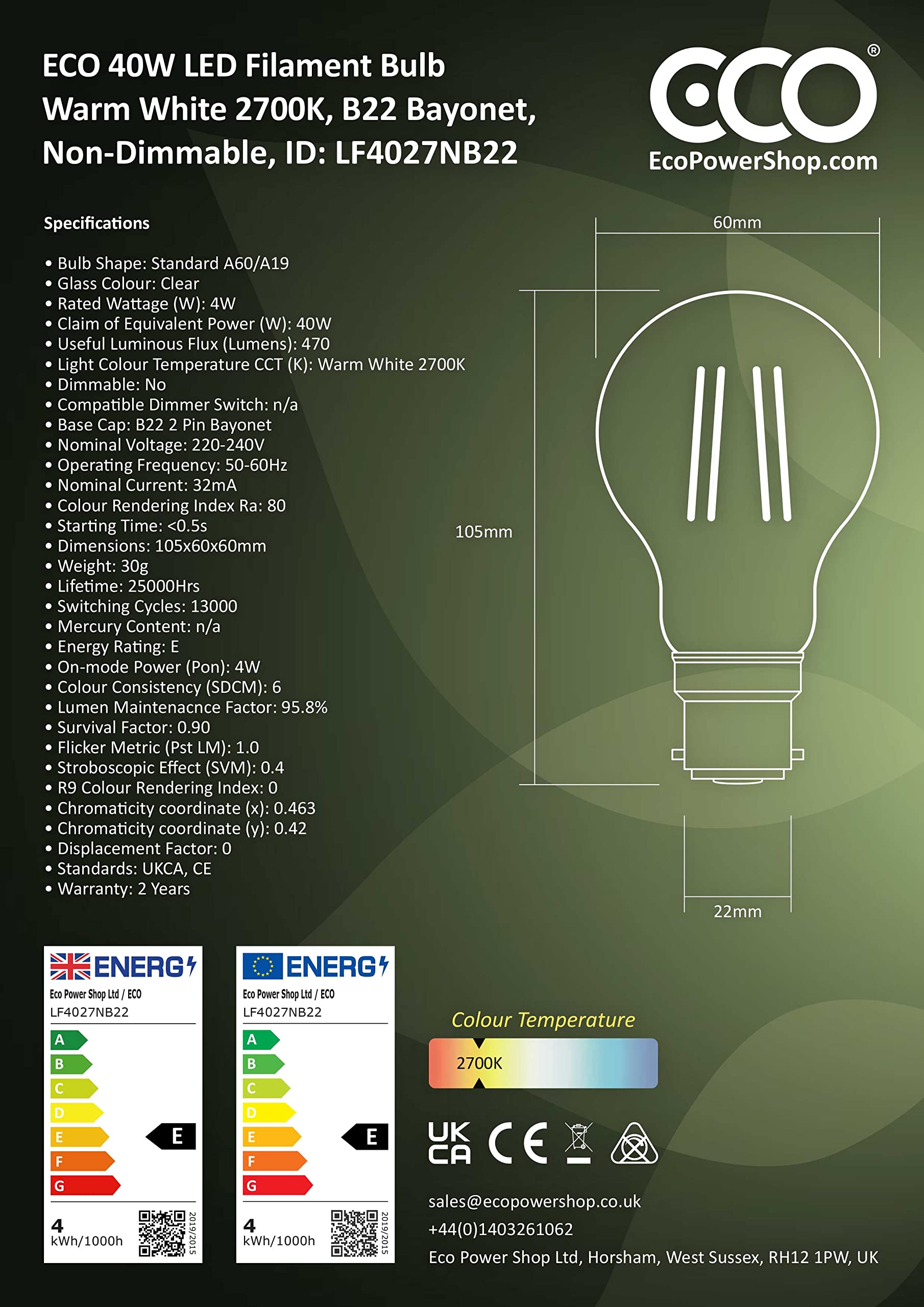 ECO 40W Energy Saving Light Bulb, Low Energy 4W Filament LED, 400 Lumen ...