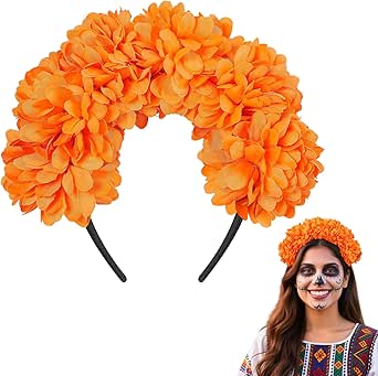 Amazon.com: Bigmeta Day of the Dead Crown Headband for Women - Mexican Marigold Flowers ...