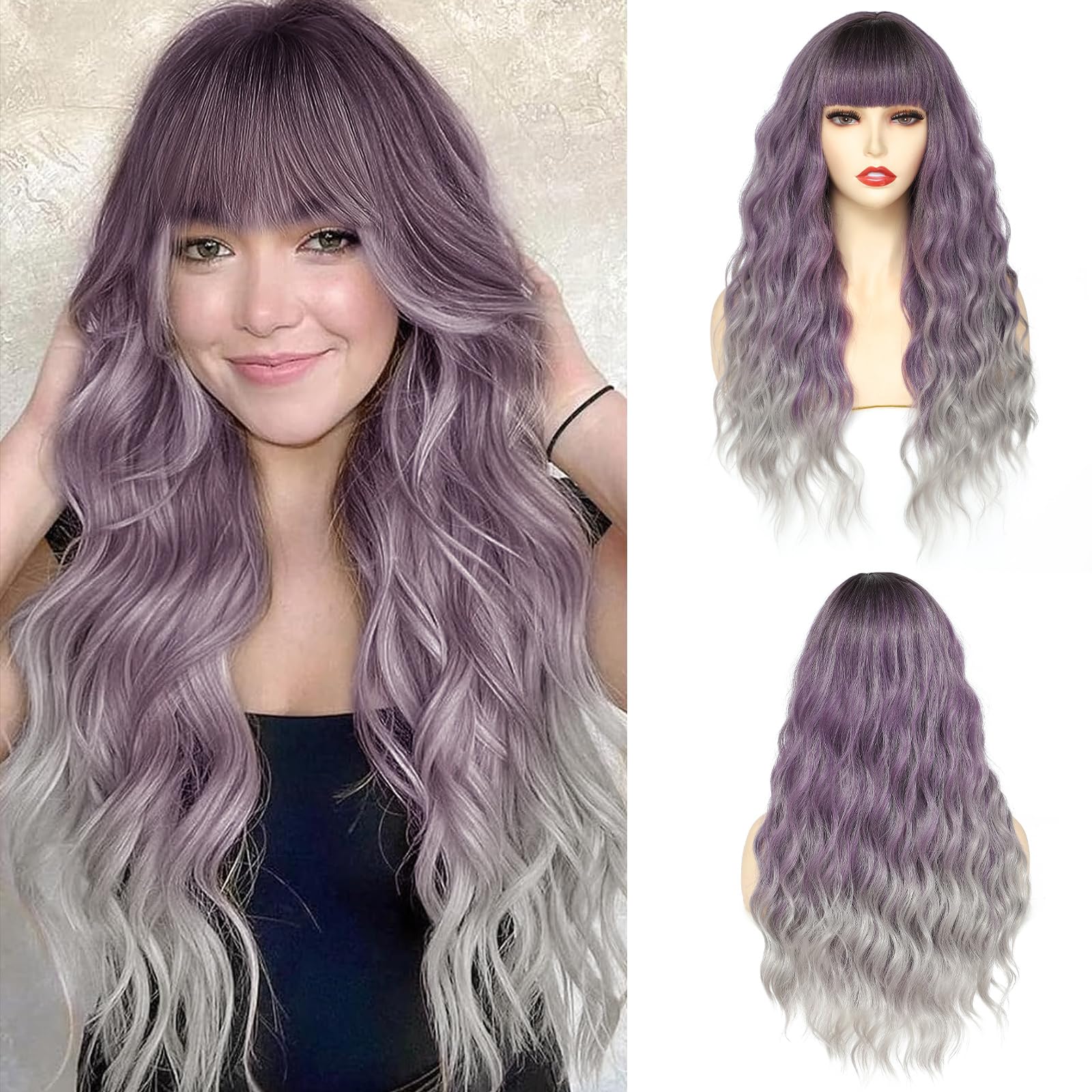 NAYOO Wig with Bangs Long Natural Wavy Synthetic Wigs for Women 26 ...