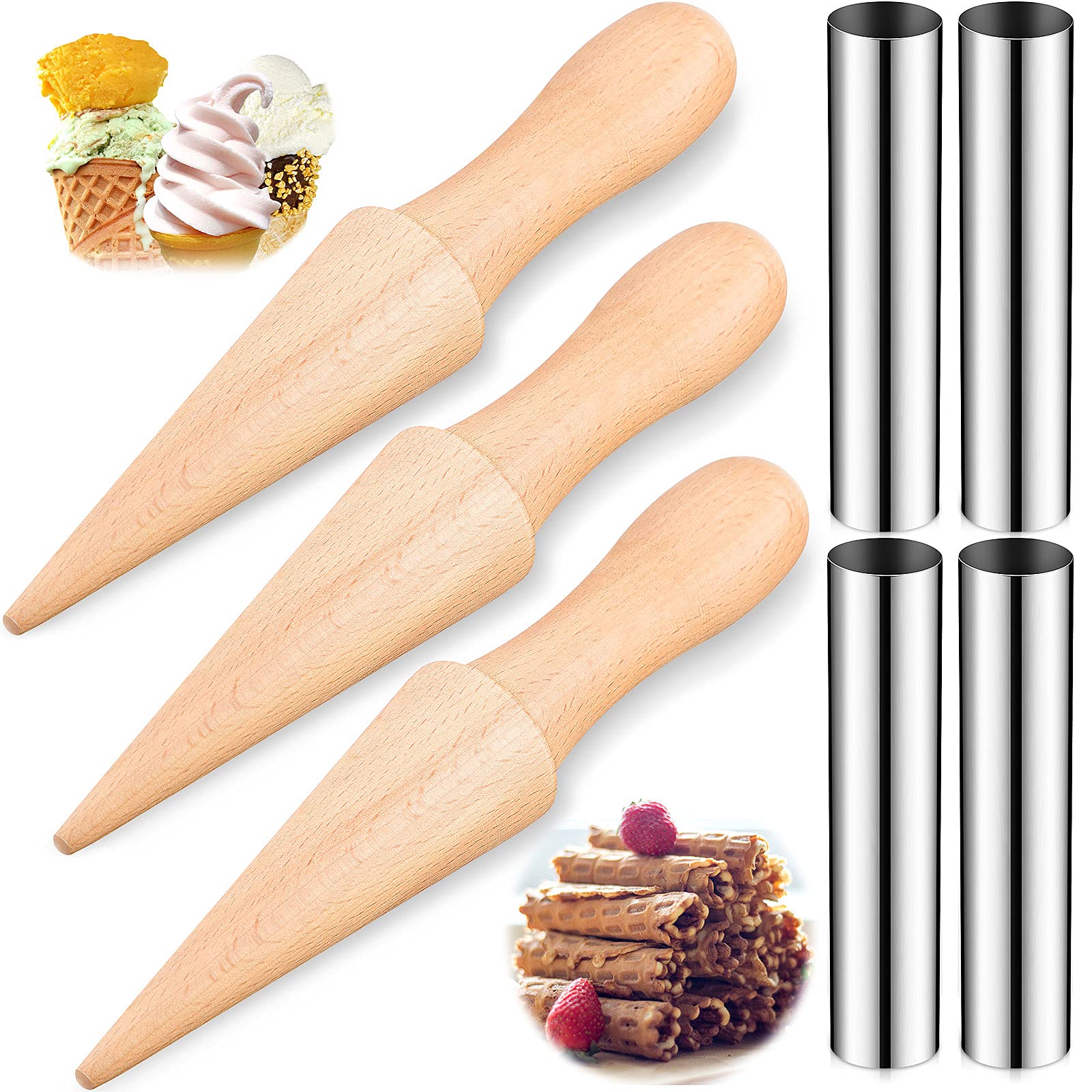 3 Pieces Wooden Waffle Cone Roller Ice Cream Cone Mould | Desertcart ...