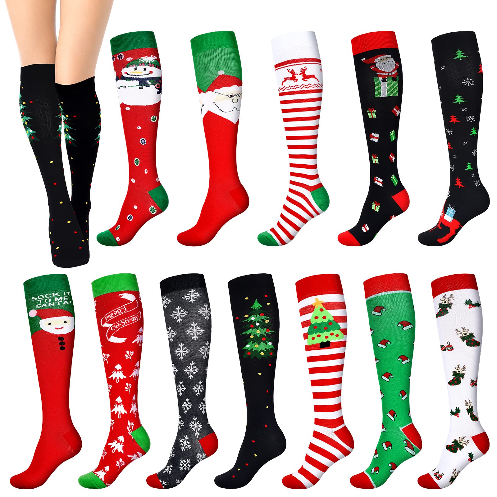 Amazon.com: Jinei 12 Pairs Christmas Compression Socks for Women Men ...