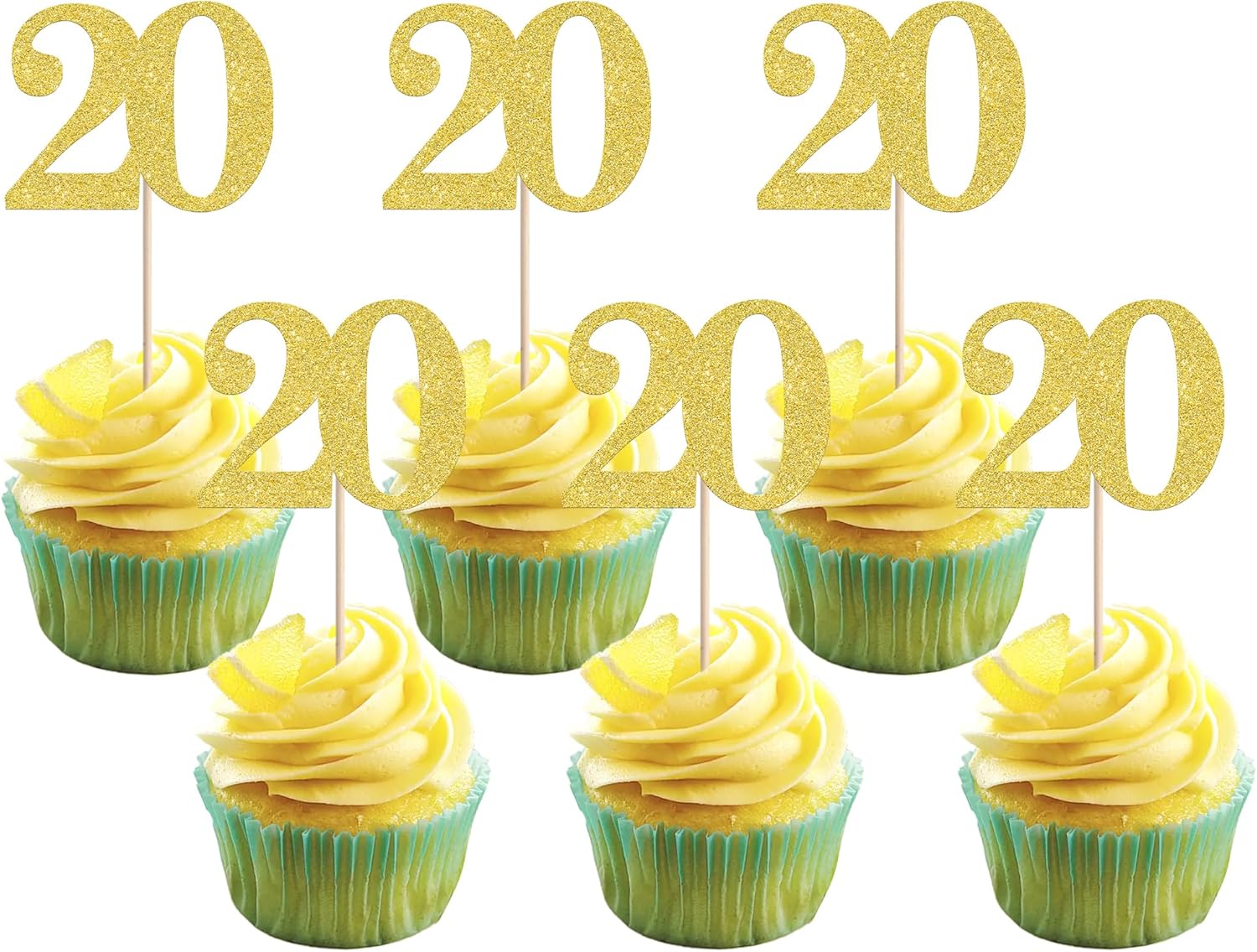 Amazon.com: Rsstarxi 36 Pack Number 20 Cupcake Toppers Gold Glitter ...