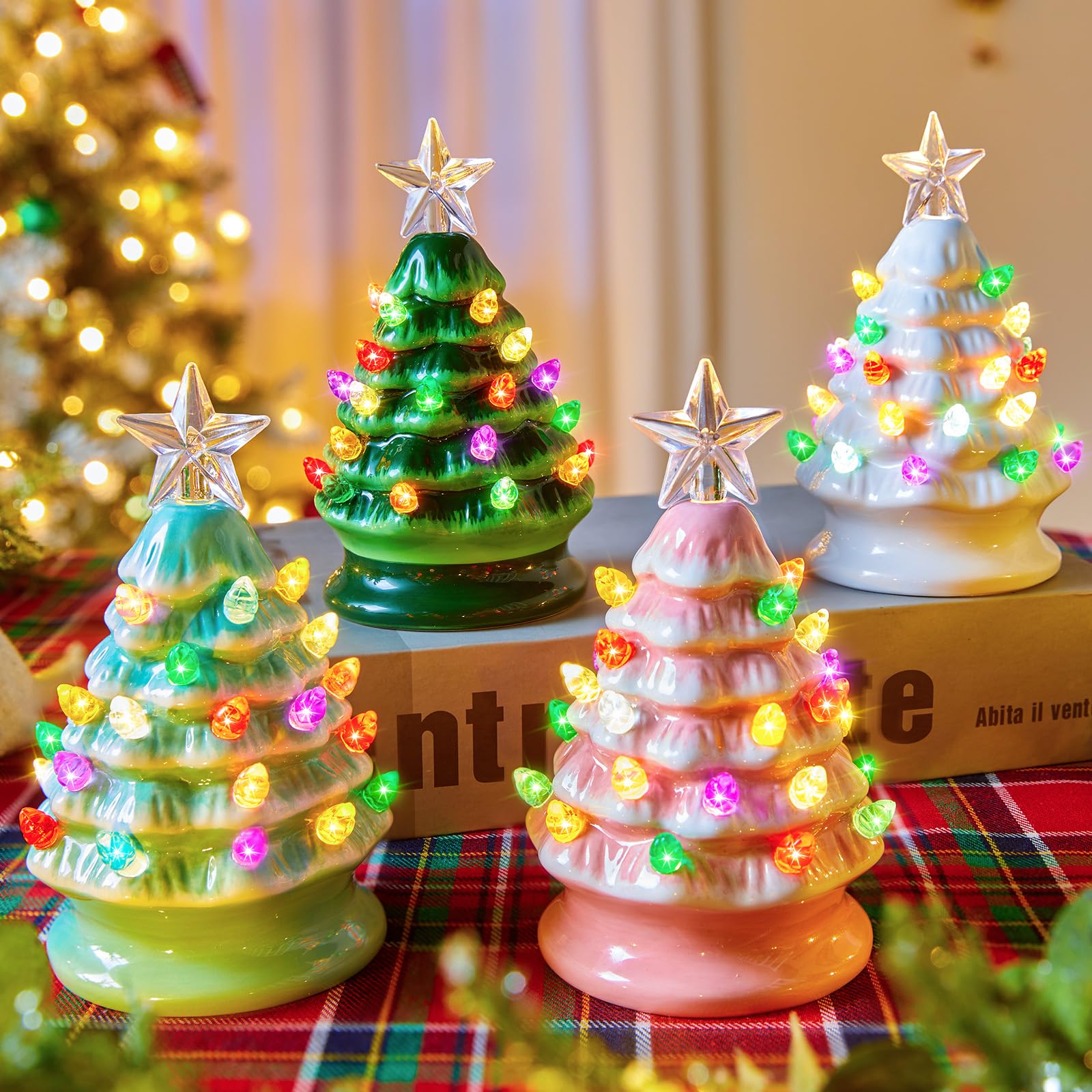 Amazon.com: 5 Inch Mini Ceramic Christmas Tree Set - 4 Pack Pre-lit ...