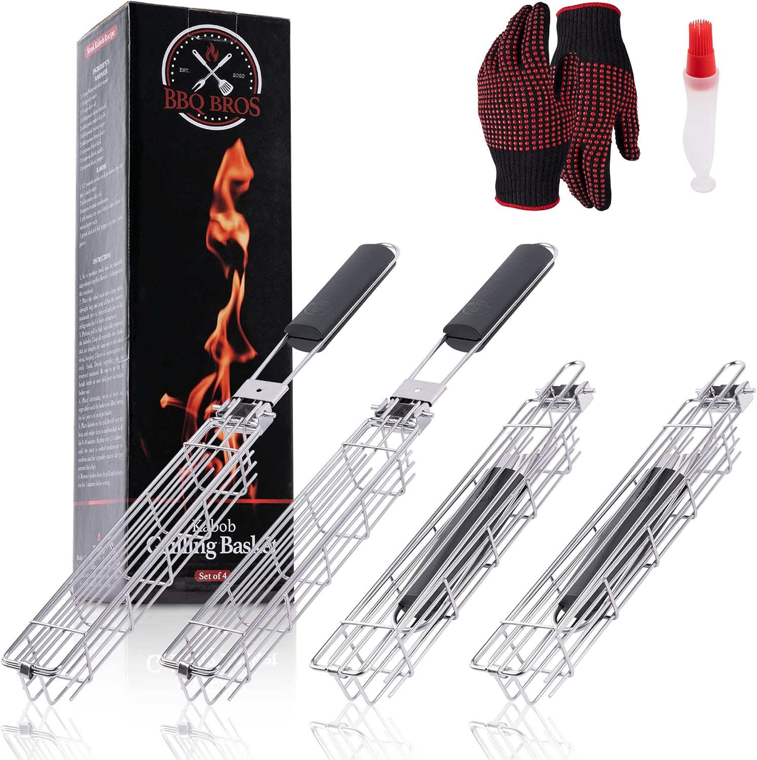 Amazon.com : BBQ Bros Large Kabob Grilling Baskets Set of 4 - Foldable ...