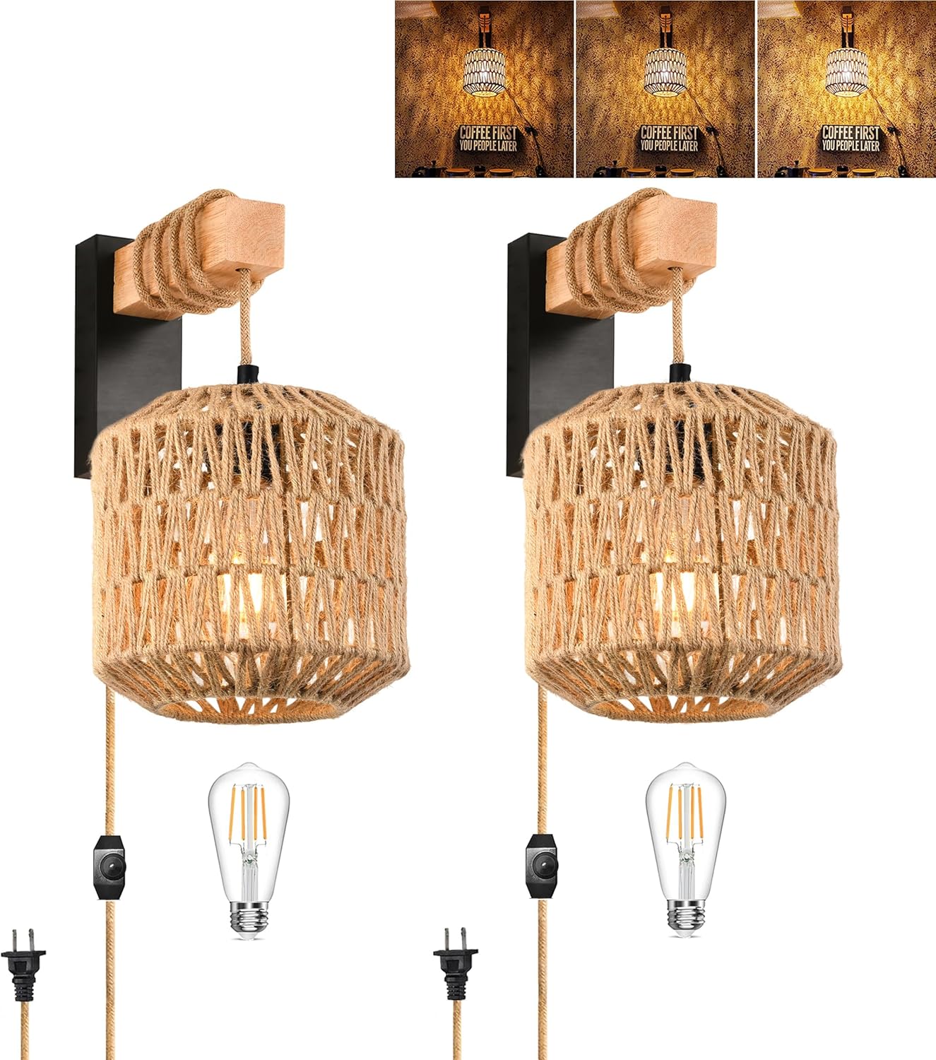 ZECOXOL Rattan Wall Sconce Set of Two Boho Wall Lights for Bedroom ...