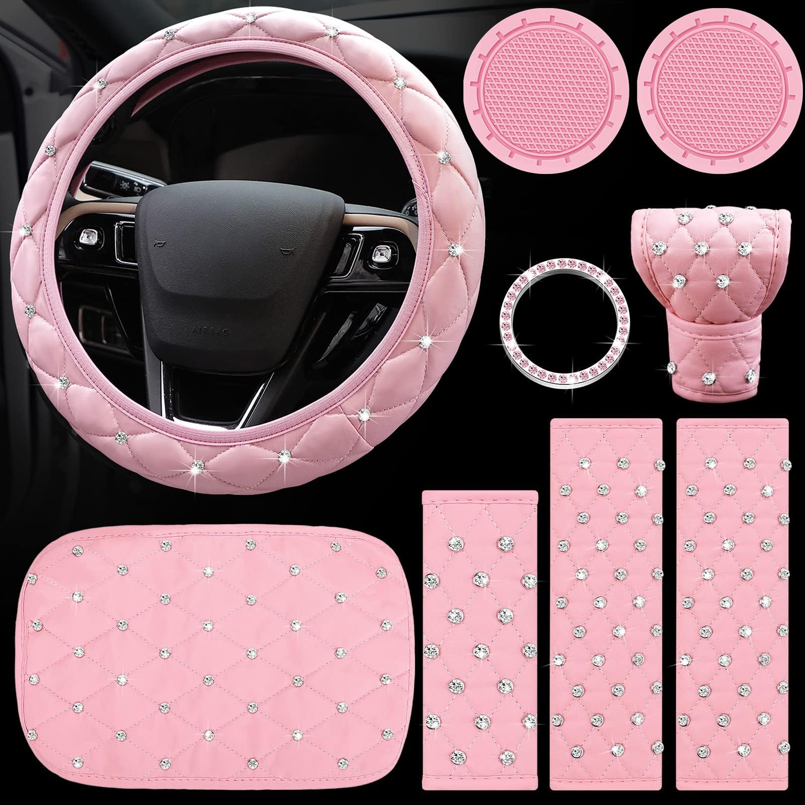 Amazon.com: 9 Pcs Bling Car Accessories Set for Women, Diamond Steering ...