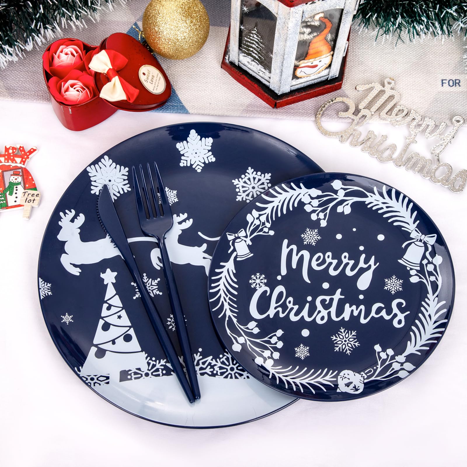 supernal 60pcs Christmas Plastic Plates,Blue Plastic Plates with White ...