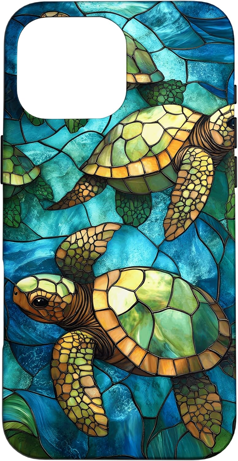 Amazon.com: iPhone 16 Pro Max Green Sea Turtles Stained Glass Blue ...
