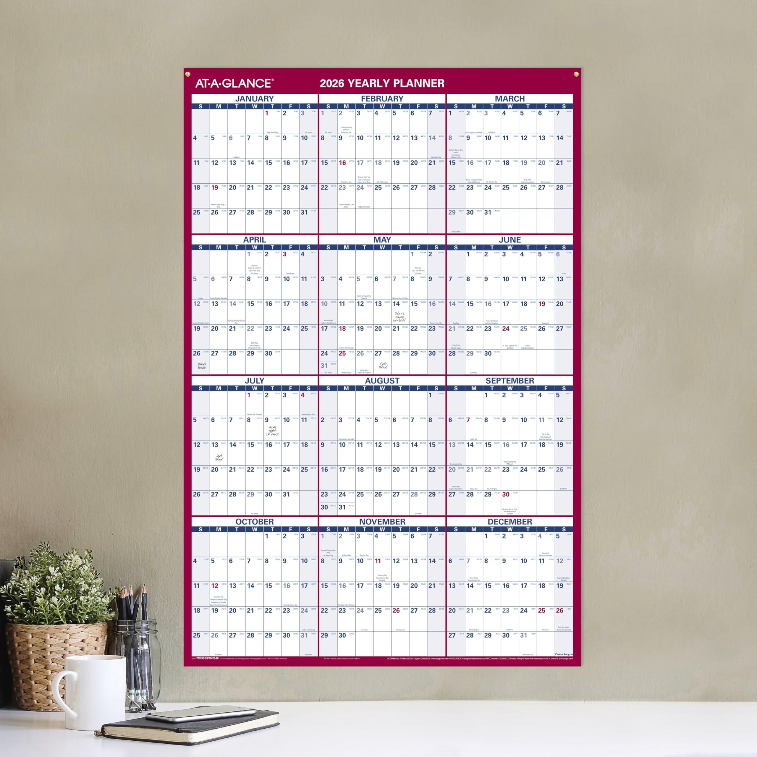 Snapklik.com : AT-A-GLANCE 2026 Erasable Calendar, Dry Erase Wall ...