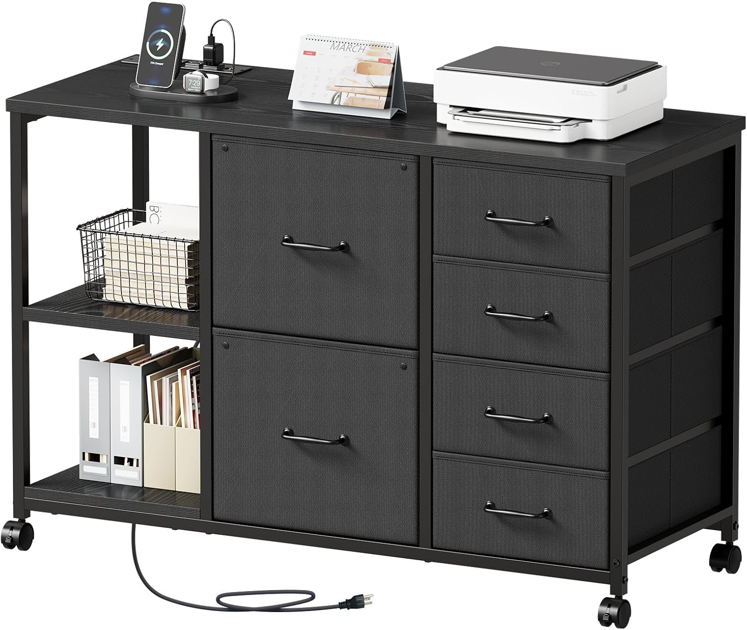 6 Drawer File Cabinet with Charging Station Rolling Printer Stand with ...