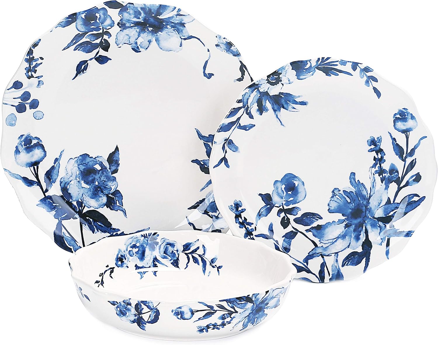 Amazon.com | Bico Watercolor Blue Flower Scalloped Ceramic 12 pcs ...