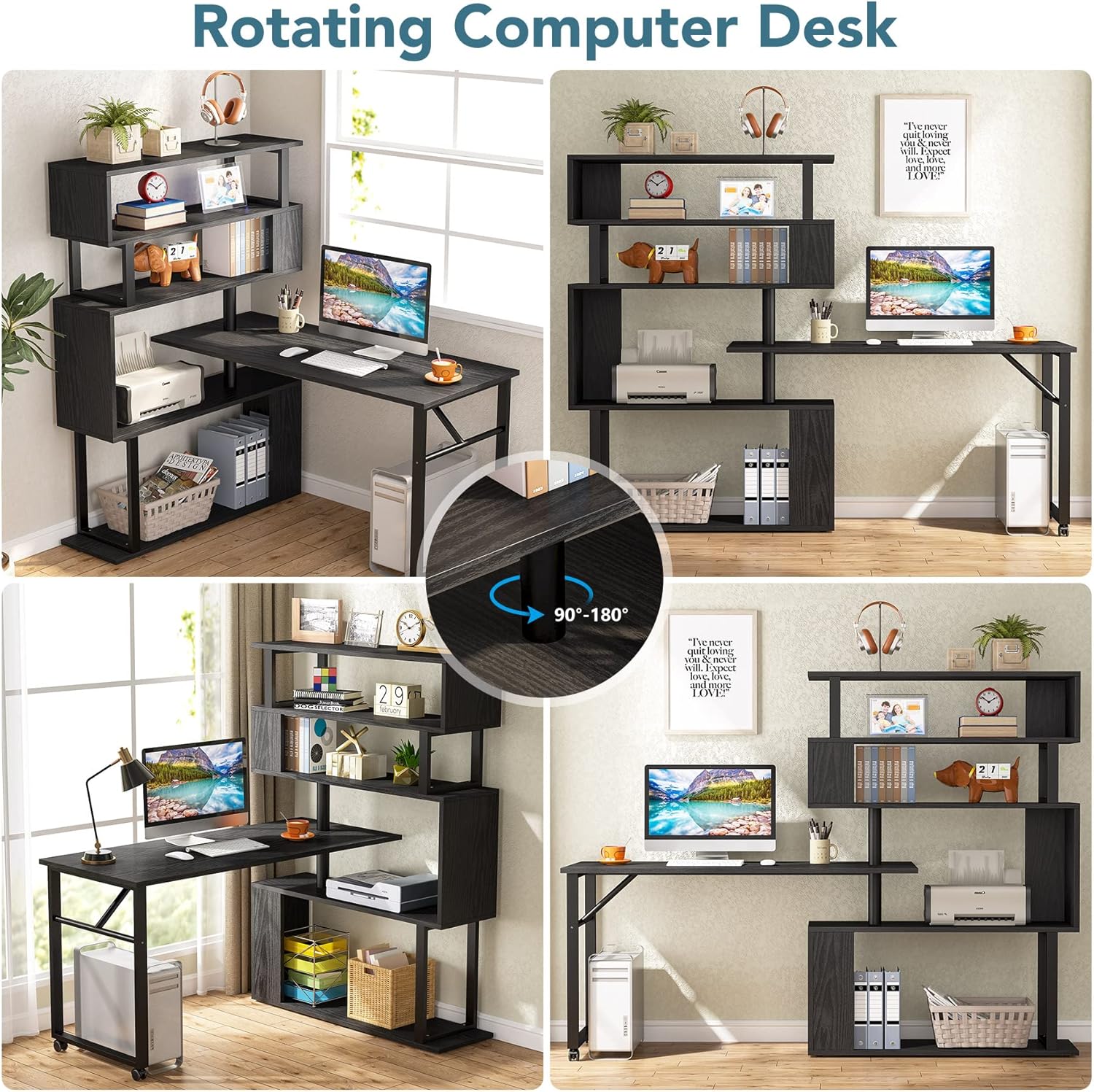 Buy Tribesigns Rotating Computer Desk with 5 Shelves Bookshelf, Modern ...