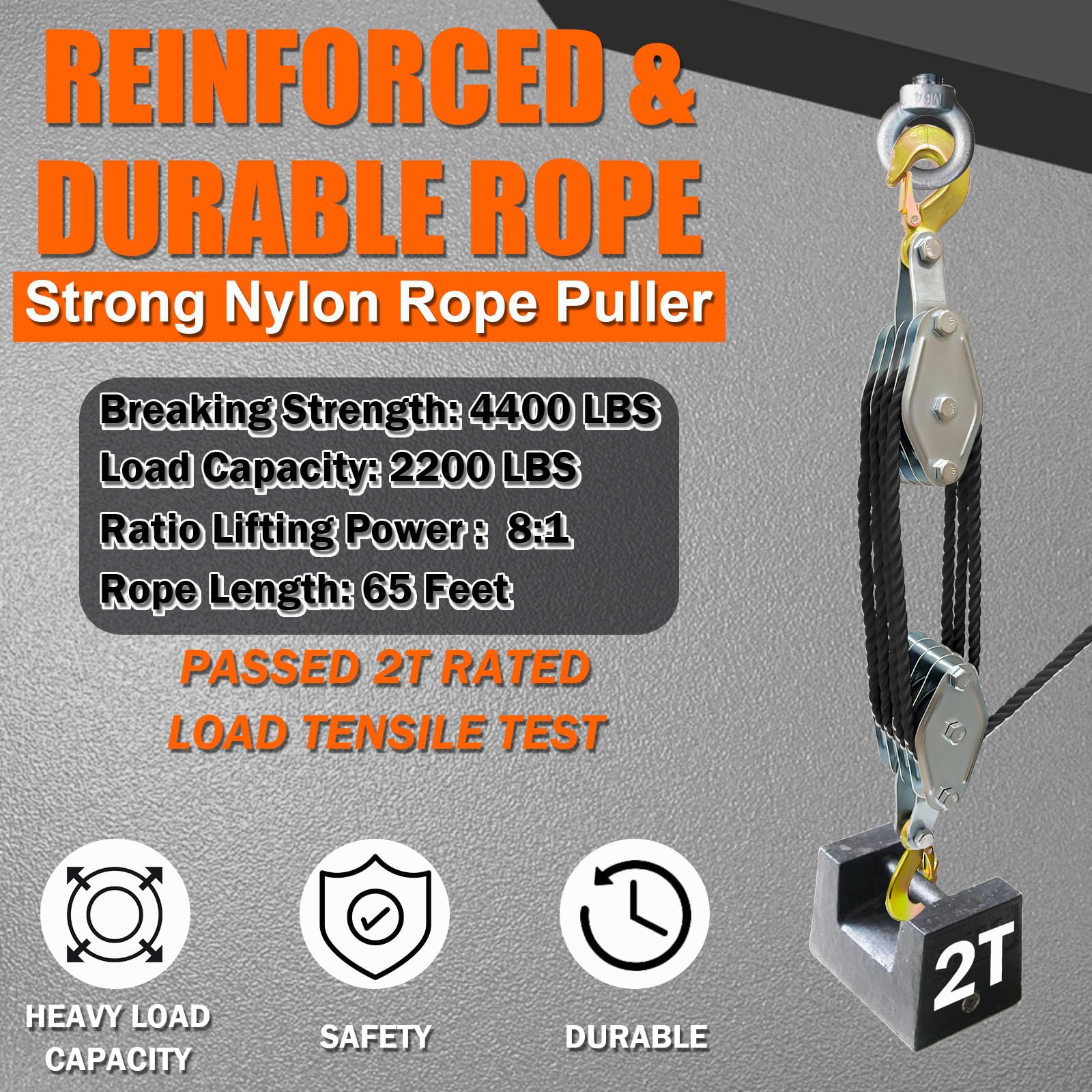 Snapklik.com : Rope Hoist Pulley System, 4400LB Pulley Block And Tackle ...