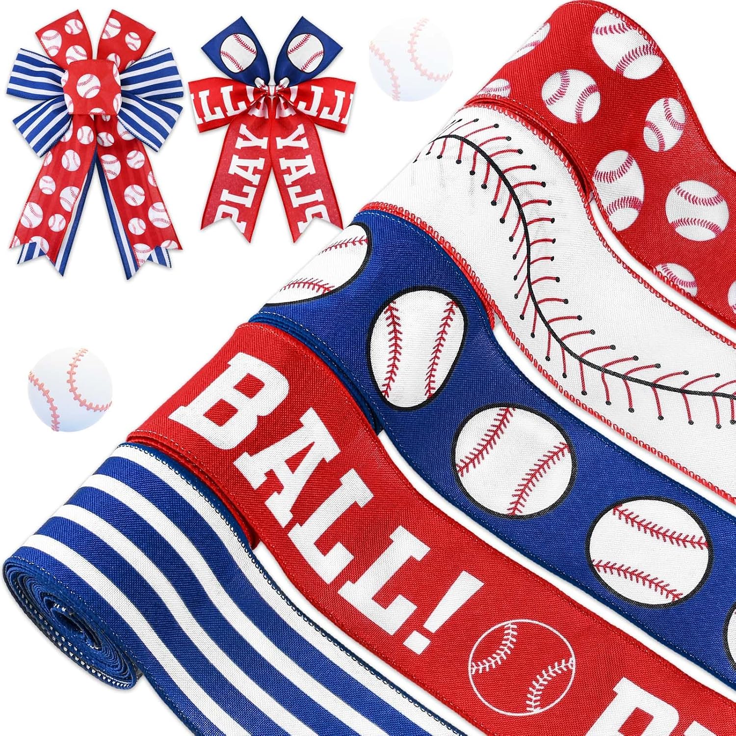 Amazon.com: 5Rolls Baseball Wired Edge Ribbon 2.5 Inch Red Blue White ...