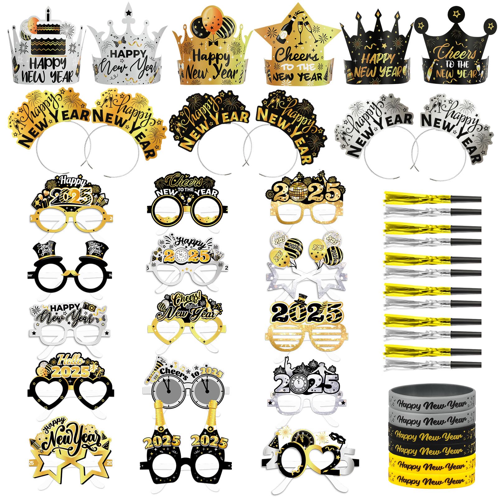 DPKOW 45pcs New Year Party Accessories Kit Black Gold Sliver New Year ...