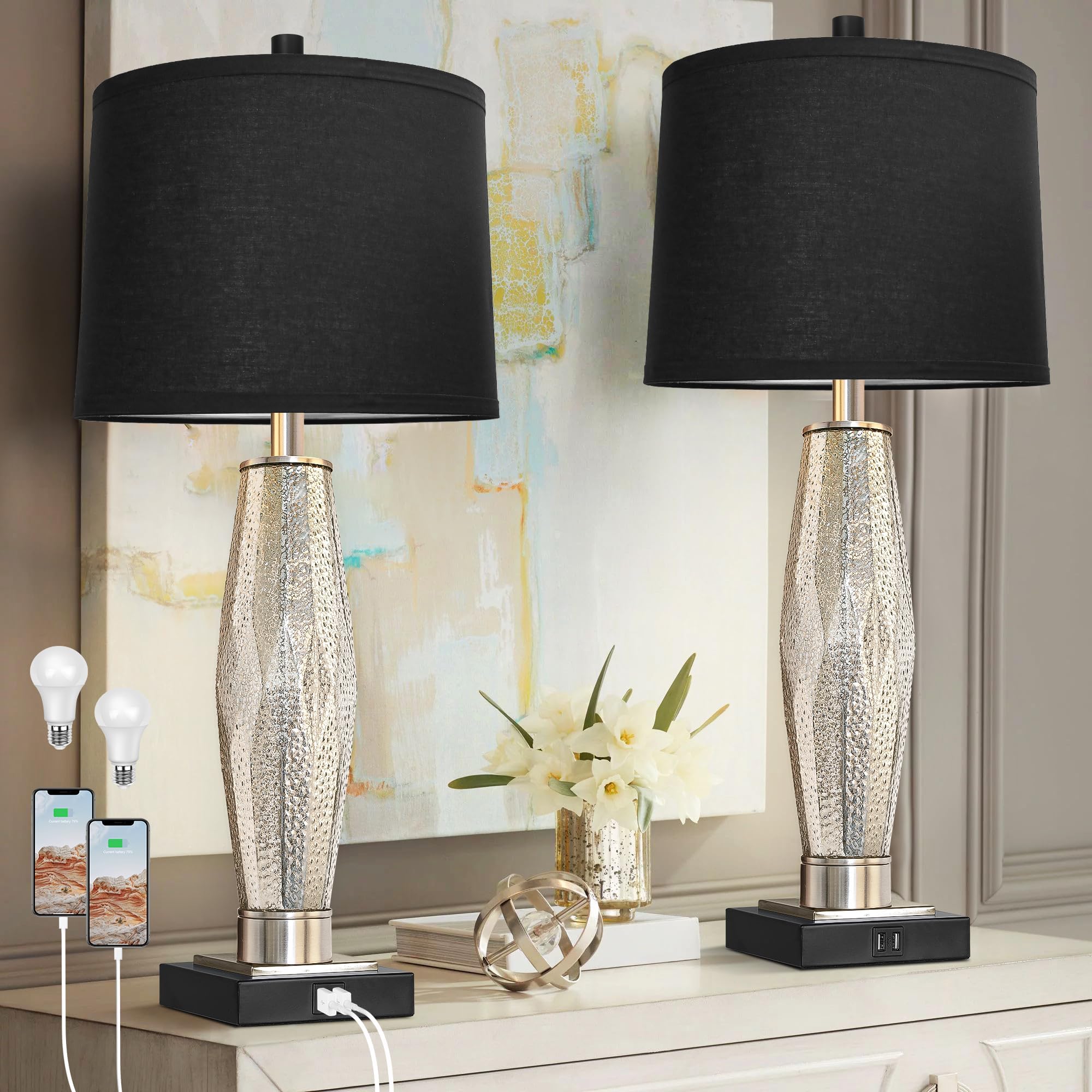 QiMH Table Lamps Set of 2, Bedroom Lamp with USB Charging Ports, Modern ...