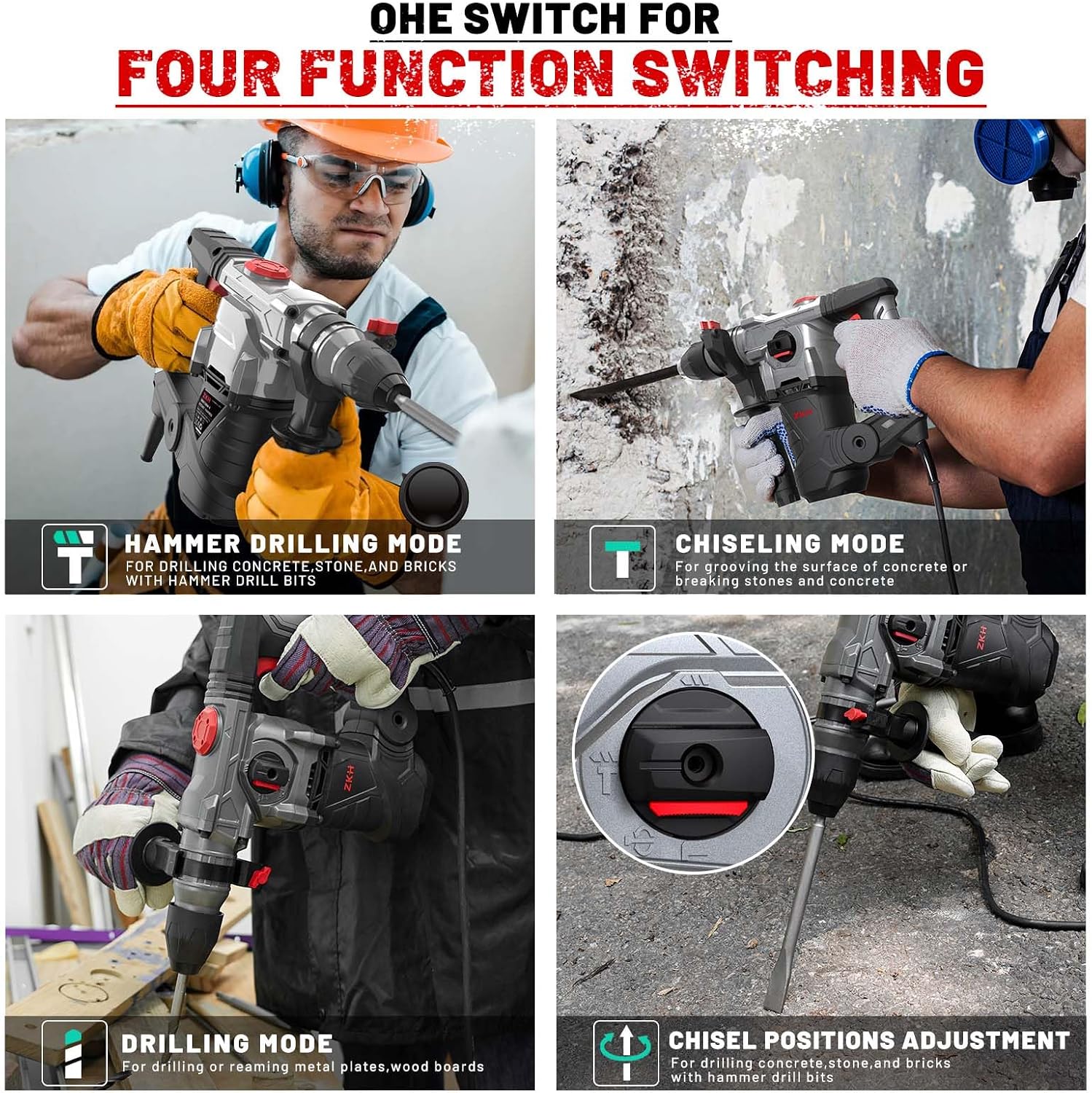 ZKH 1-1/4" SDS-Plus Rotary Hammer Drill for Concrete, 12.5 Amp Corded ...