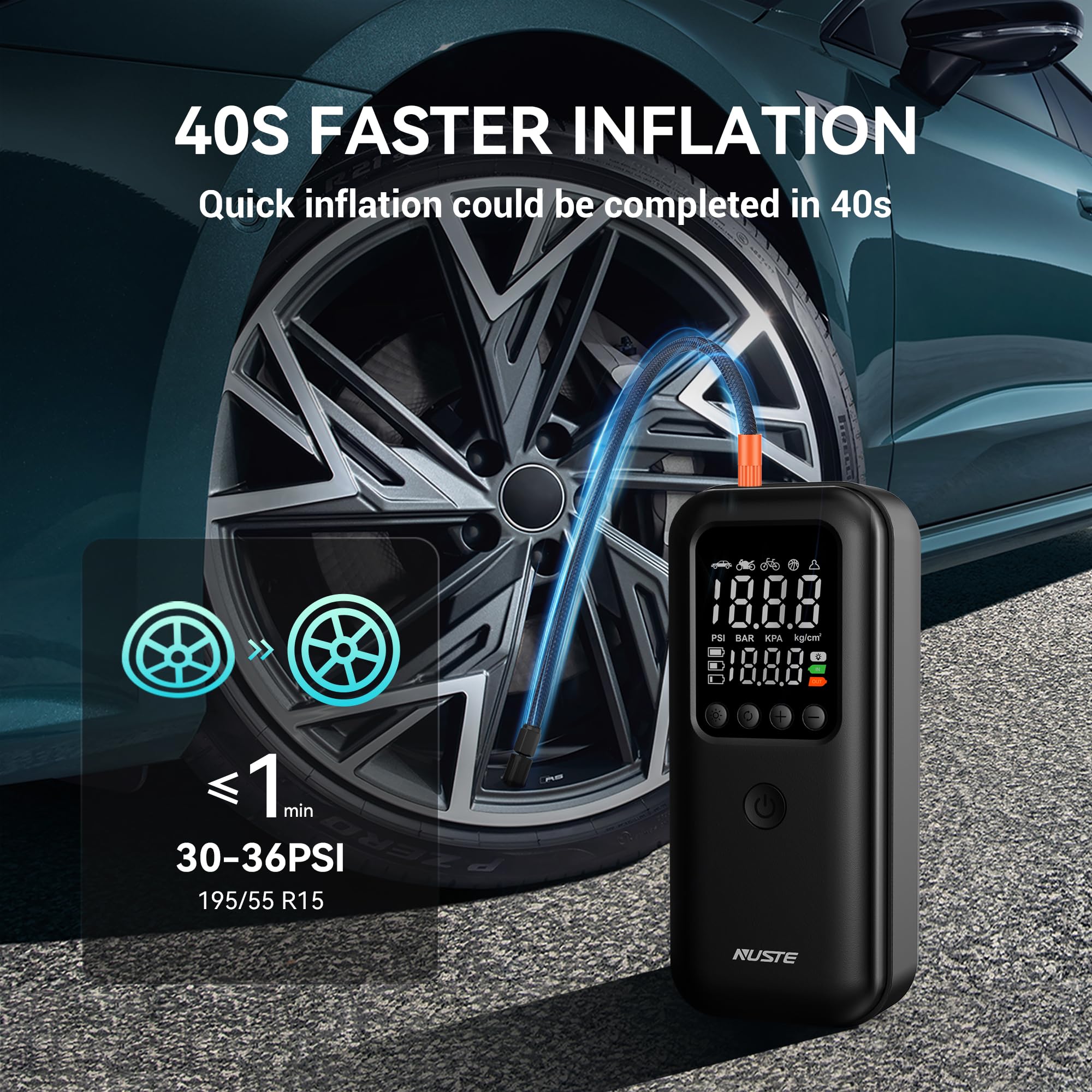 NUSTE Cordless Tire Inflator Portable Air Compressor, 150PSI 2X Faster ...
