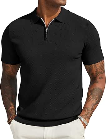 COOFANDY Mens Textured Knit Polo Shirts Zipper Polo Shirts Short Sleeve Casual Lightweight Golf ...