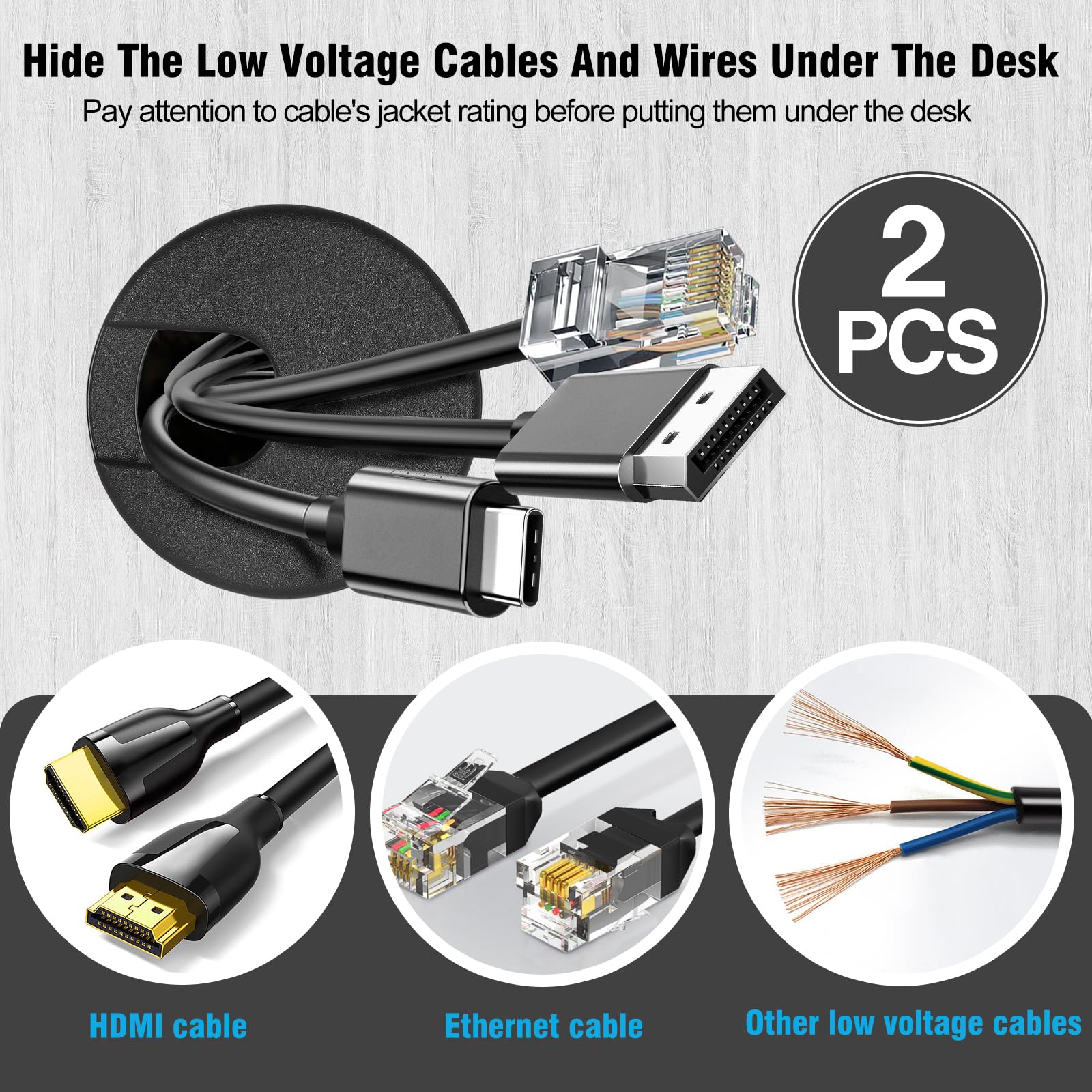 Snapklik.com : 2" Black Desk Grommet, Plastic Cable Hole Cover Computer ...