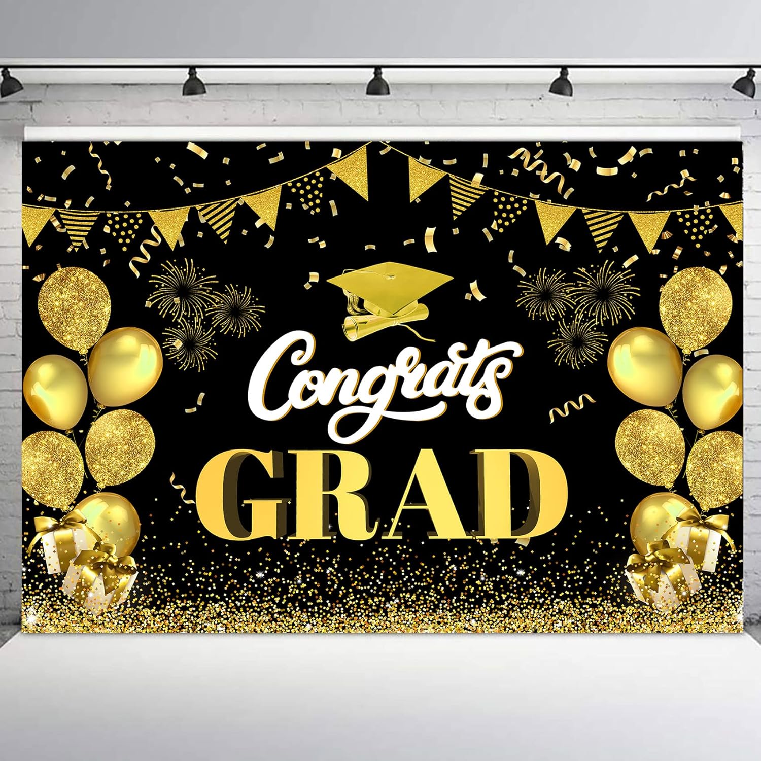 Amazon.com : HVEST Congrats Grad Backdrop Black and Gold Balloon Class ...