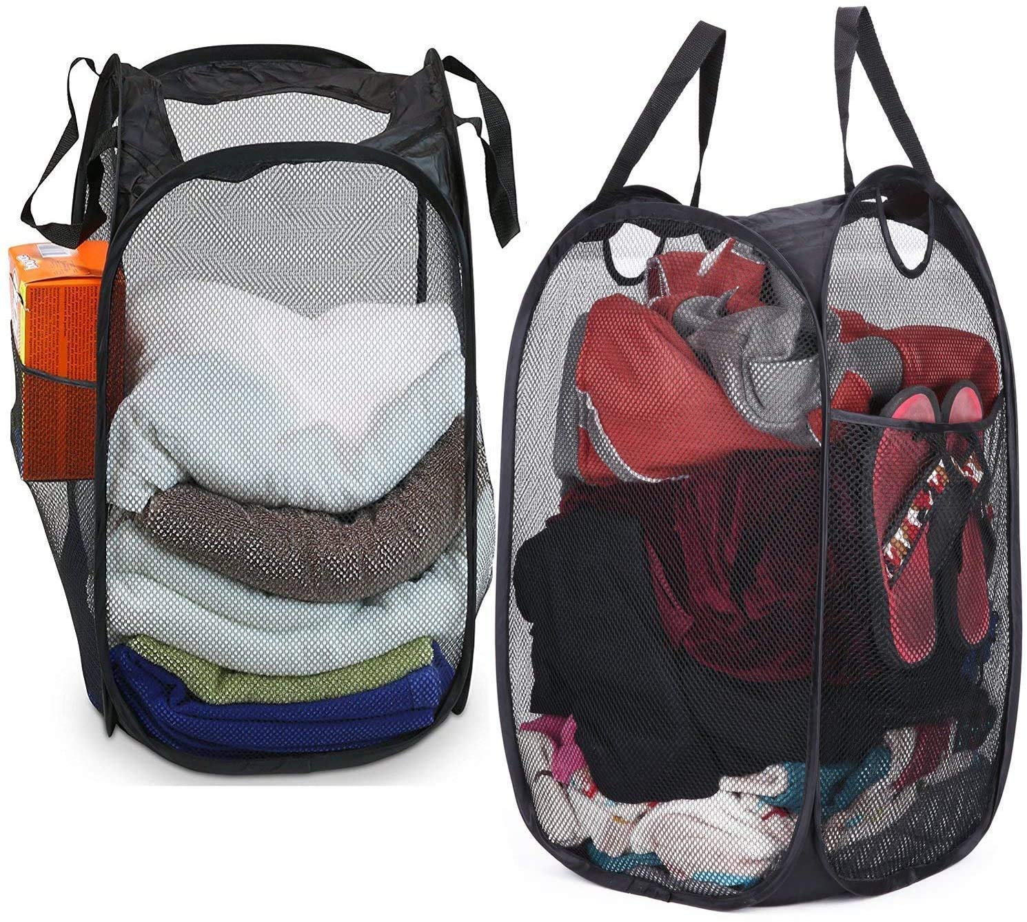 Collapsible Travel Bag COLLAPSIBLE MESH LAUNDRY BASKET BLACK Dual ...