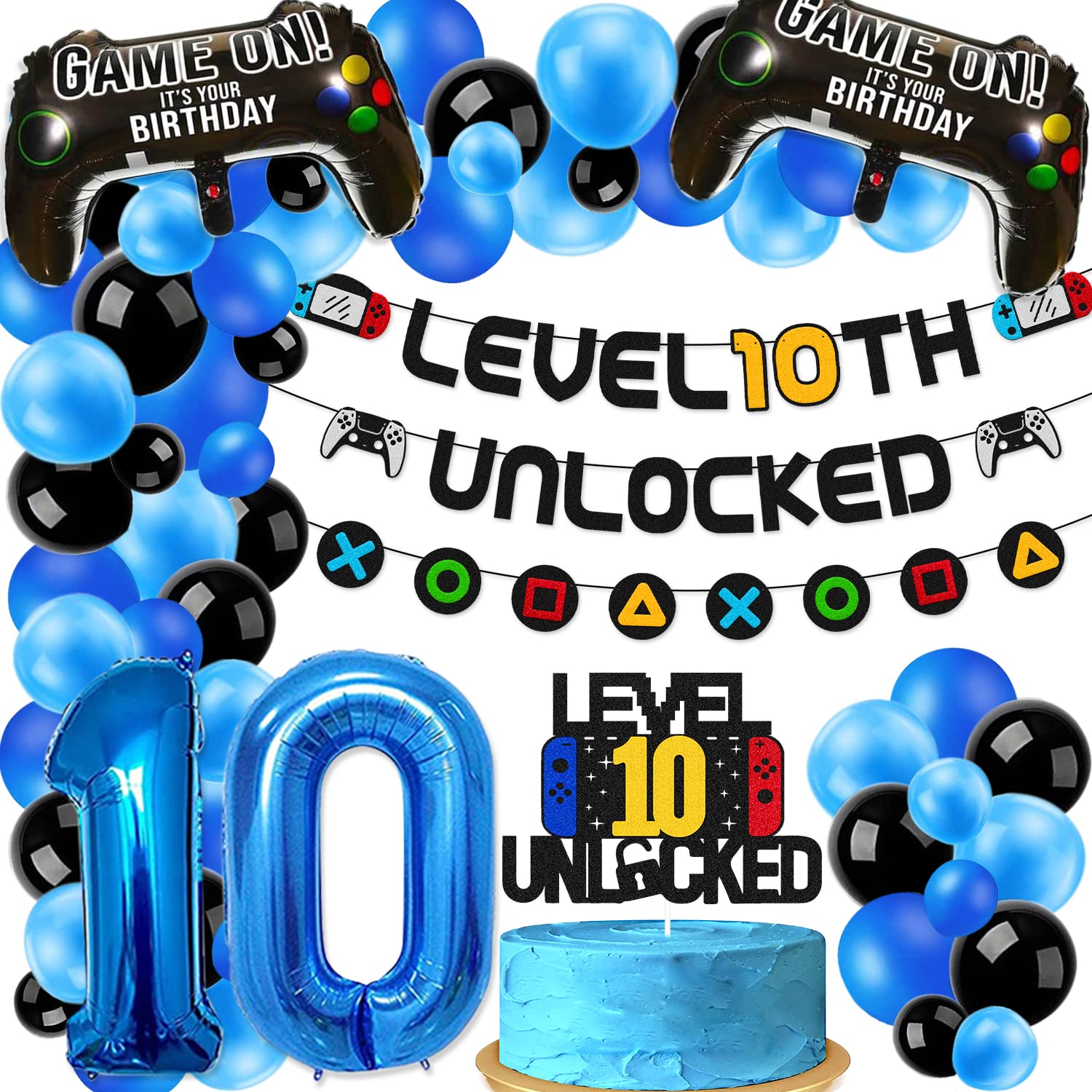 Buy Level 10th Sign Banner with 10th Cake Topper Video Game Balloons ...