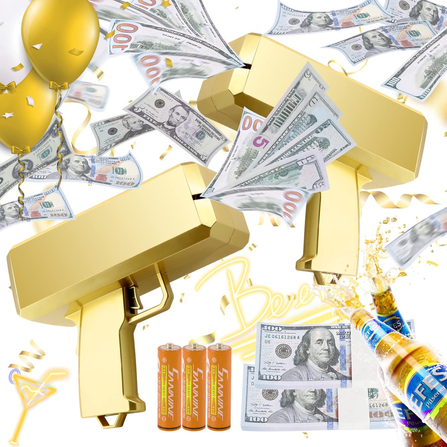 Amazon.com: Money Gun Shooter Prop Gun, Gold Money Gun Fake Machine Gun ...