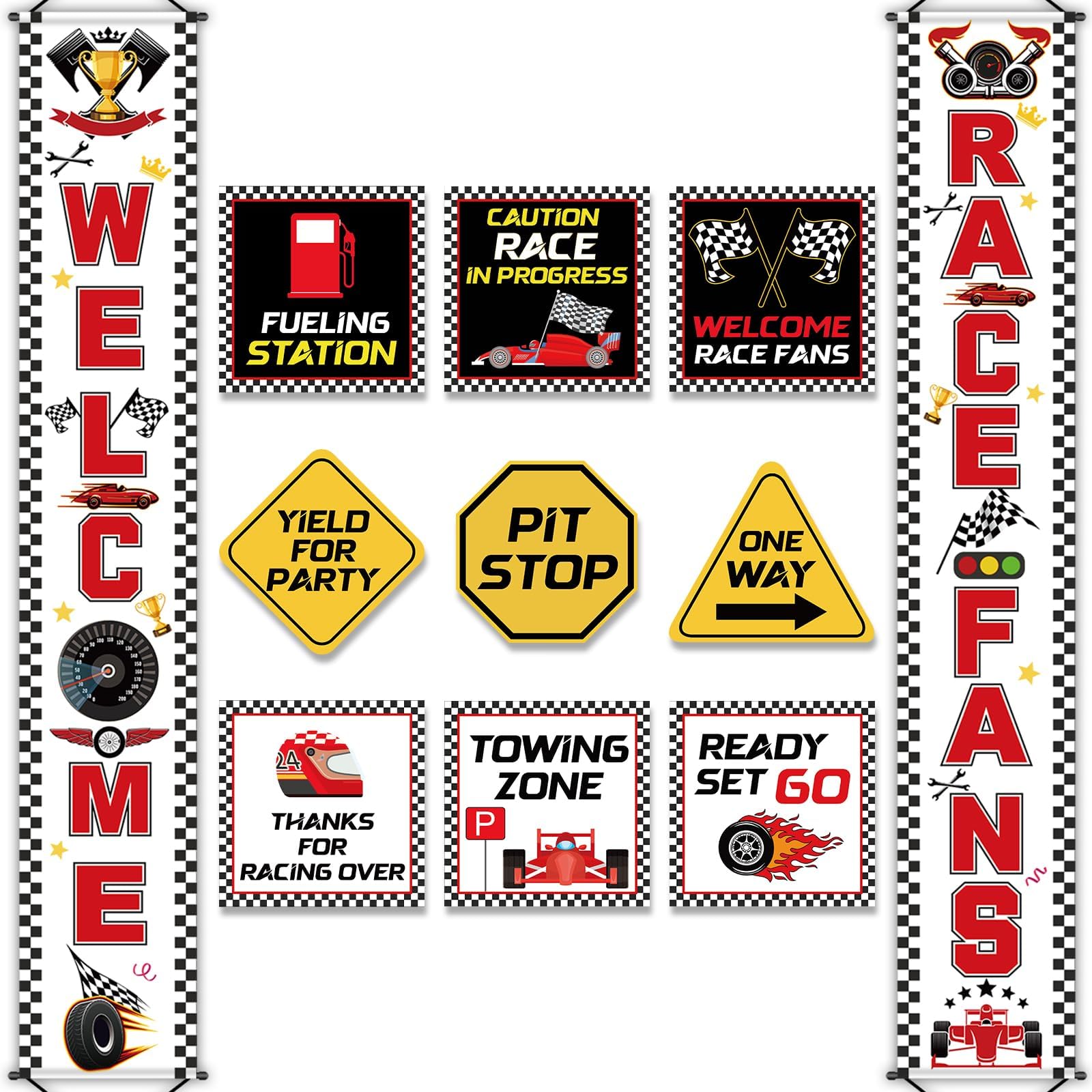 Snapklik.com : Race Car Birthday Party Banner Checkered Flags 9 Cars ...