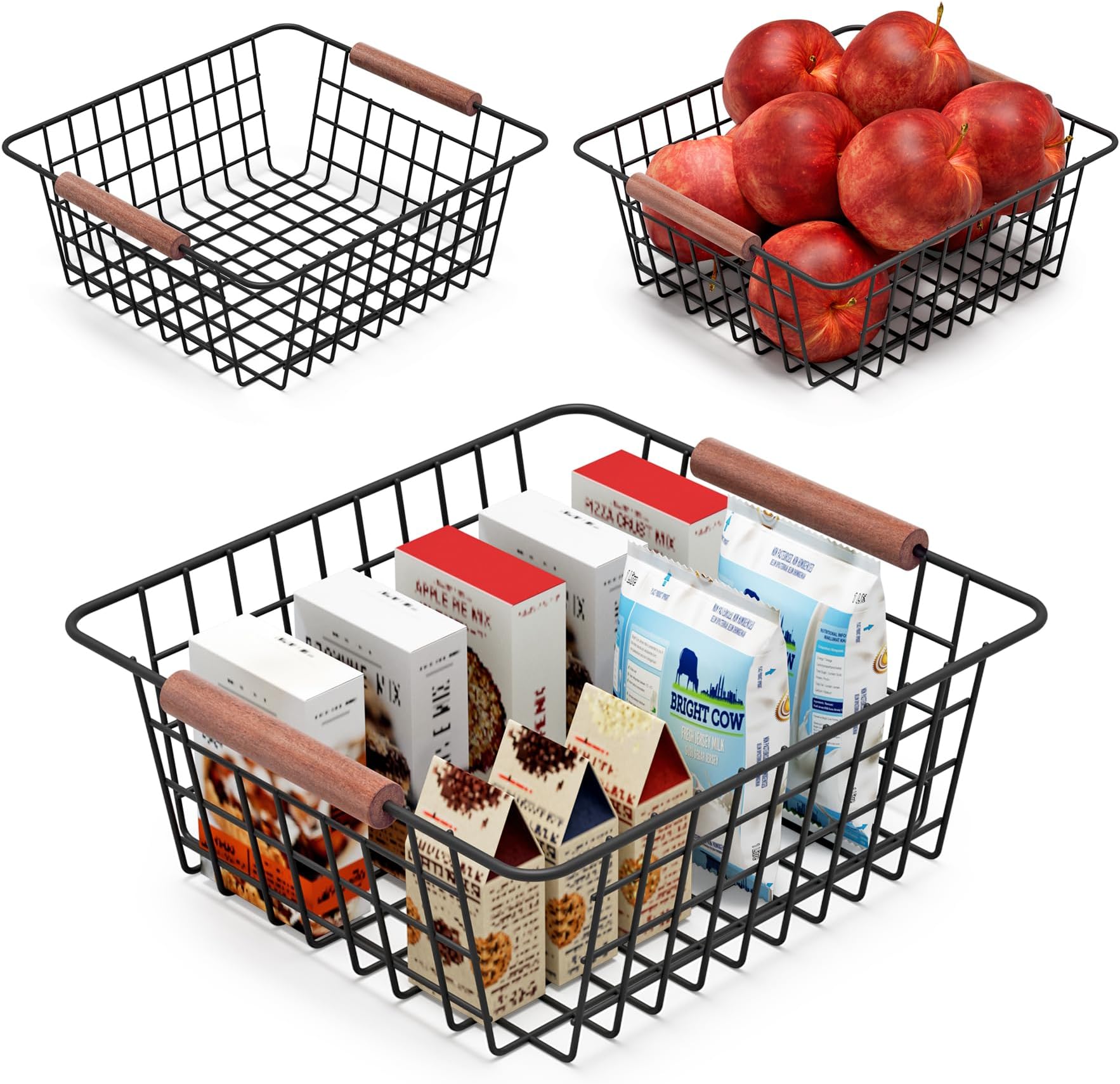 Amazon.com: Large Wire Baskets for Pantry Storage - 3 Pack Black Metal Baskets Bin with Beech ...