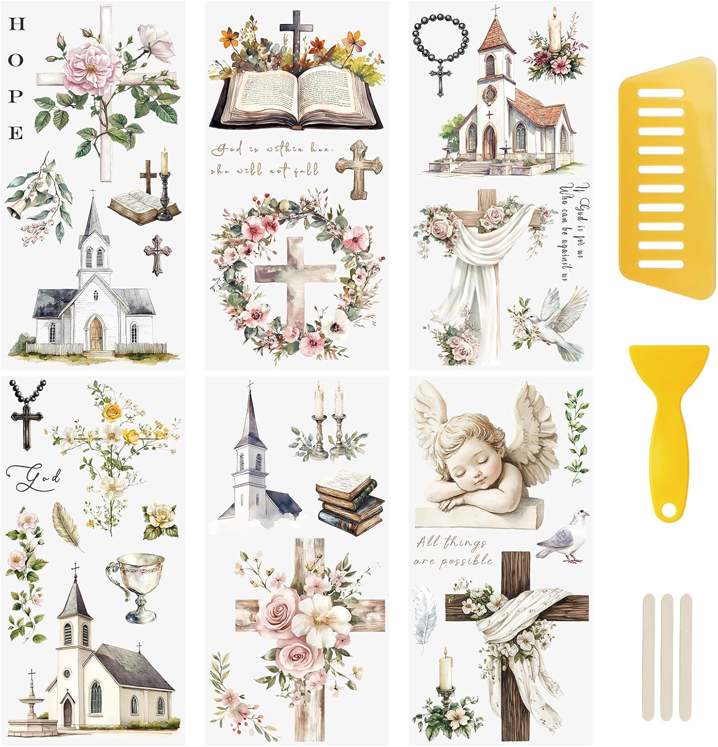 Amazon.com: WANDIC 6 Pcs Cross&Church Rub On Transfer Sticker,Bible ...