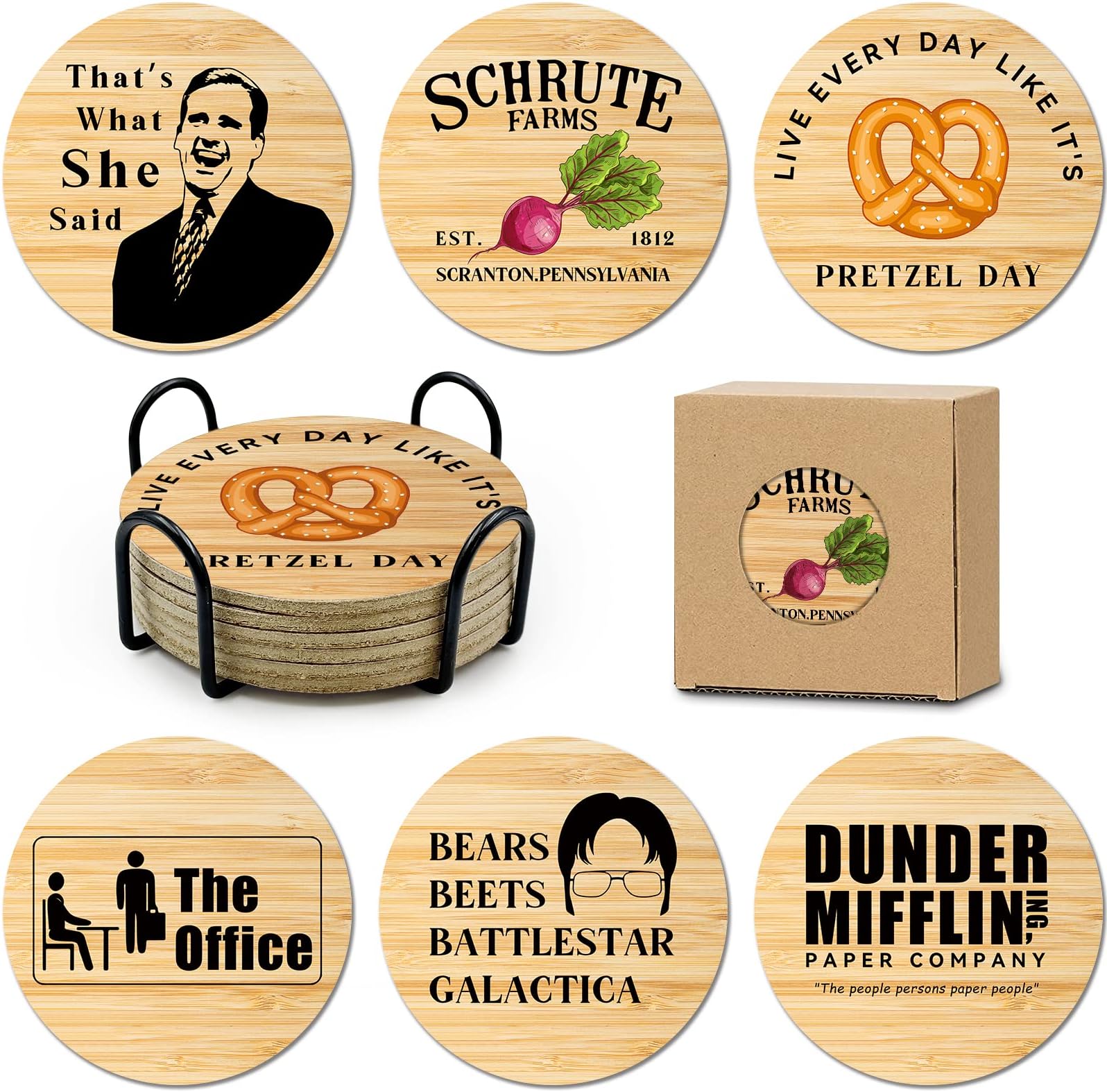 Amazon.com: The Office Bamboo Wood Coasters Set of 6, The Office Themed ...