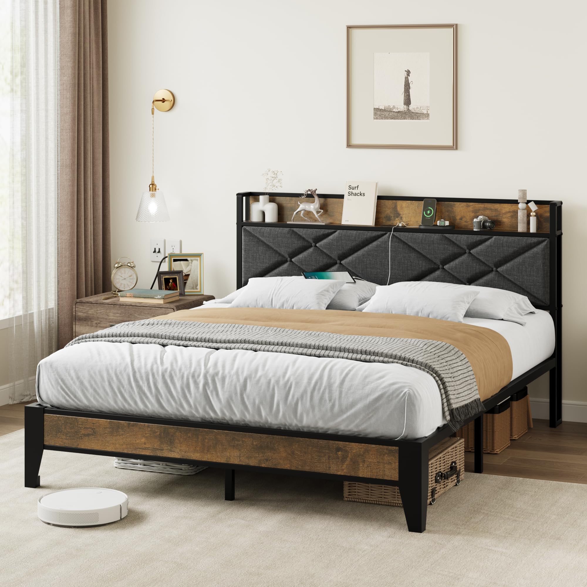 Amazon.com: Senfot Full Size Bed Frame with Charing Station,Upholstered ...
