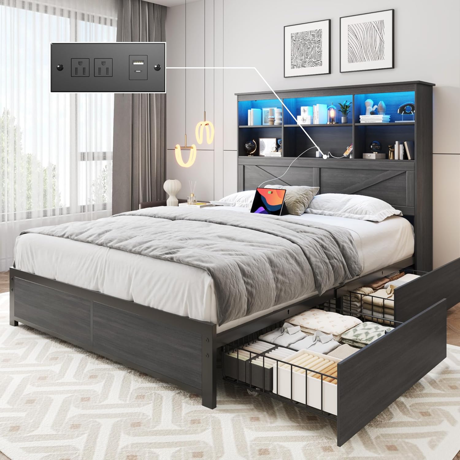 Amazon.com: HISOFT Full Bed Frame with Headboard, Full Bed Frame with ...