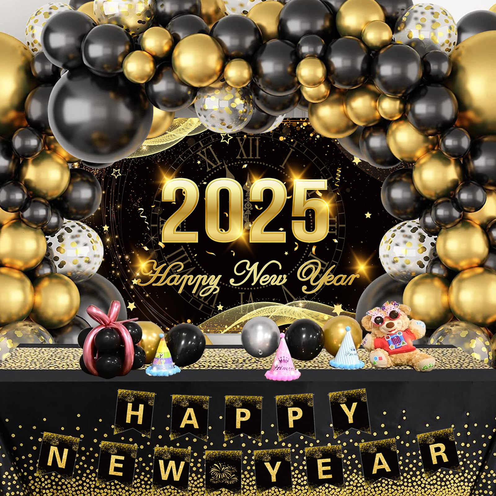 Amazon.com: MEHOFOND 2025 Happy New Year Party Decorations, Black and ...