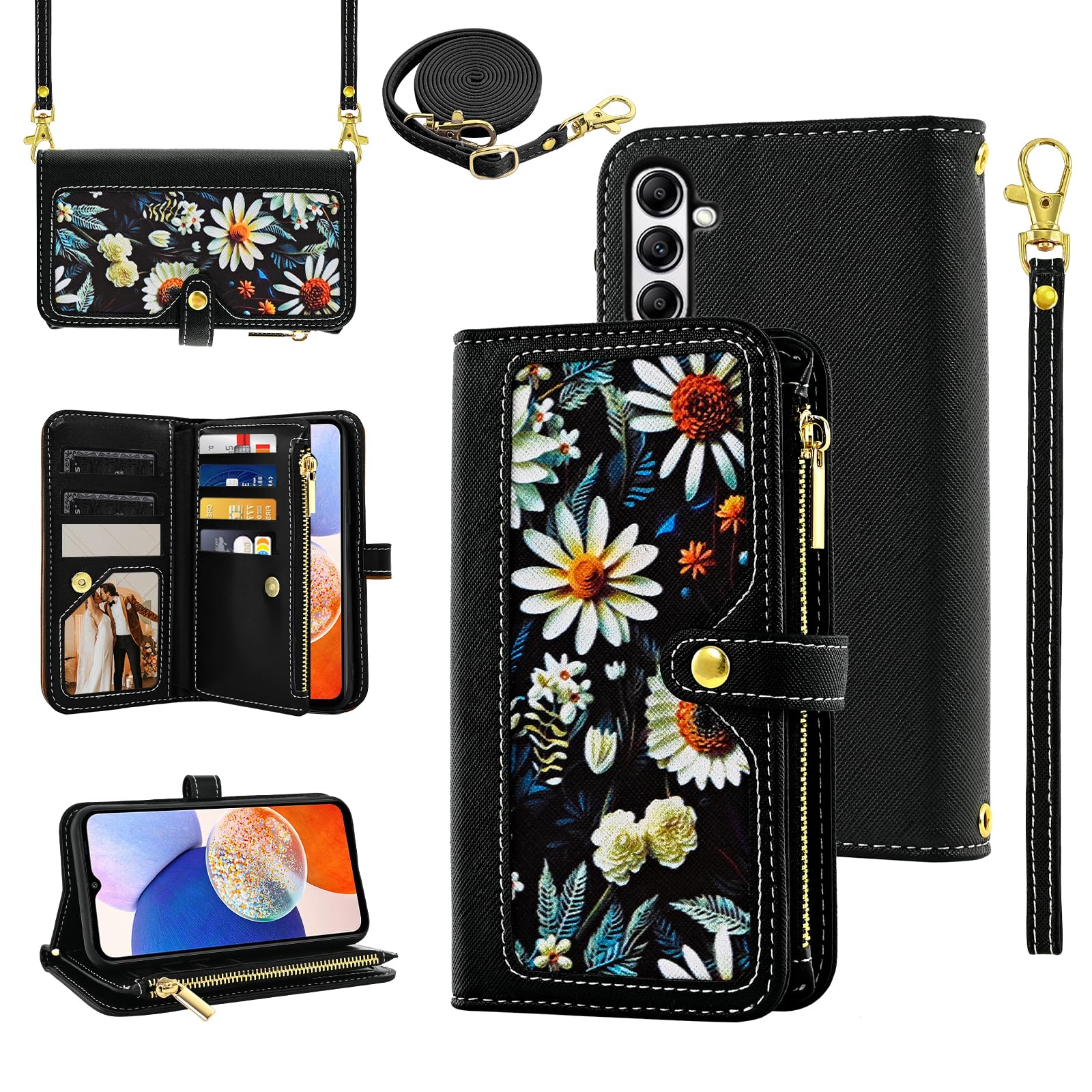Amazon.com: Furiet Floral Wallet Case for Samsung Galaxy A16 5G/4G with Wrist Strap Shoulder ...