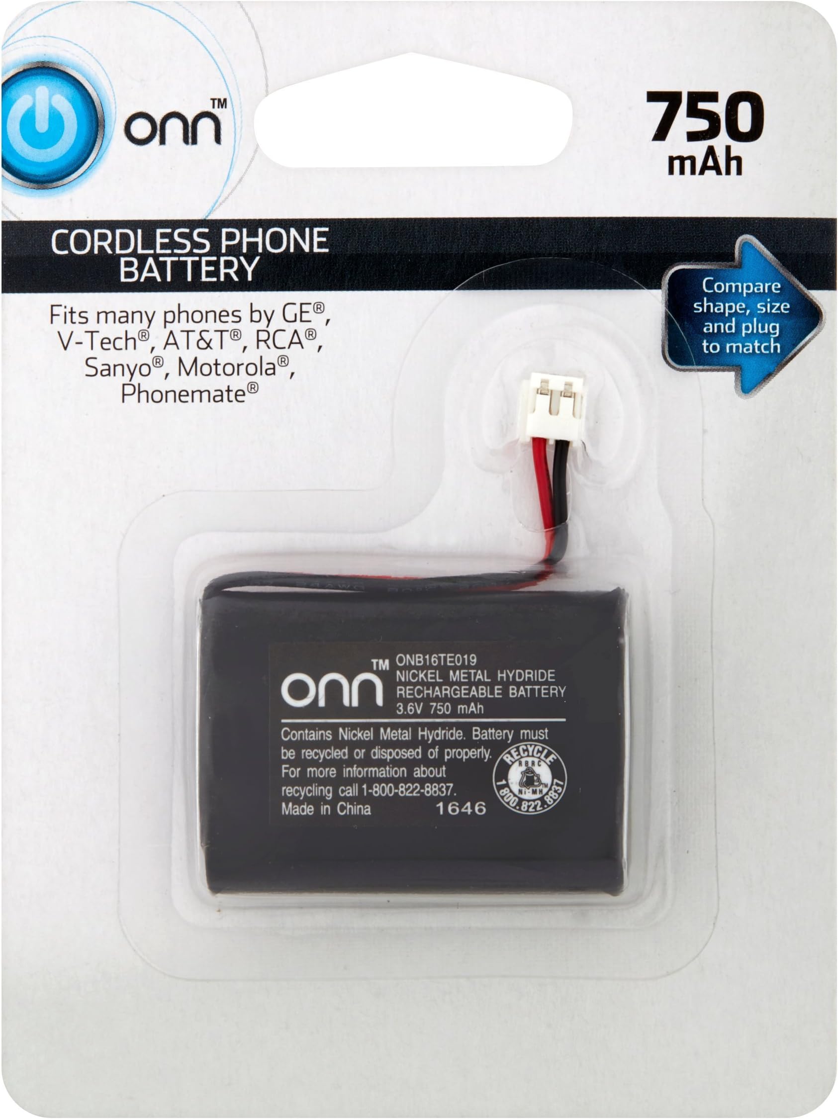 Amazon.com: ONN Cordless Phone Battery, 3.6V 750mAh NiMH, OB16TE019 ...