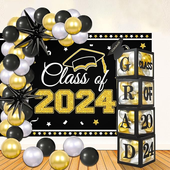 Amazon.com: Foxrush 2024 Graduation Decorations 106Pcs Black and Gold ...