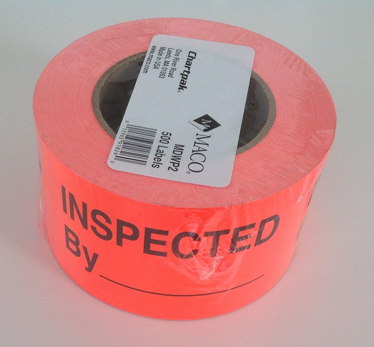 INSPECTED By - Shipping Stickers, Large 3" x 5", Fluorescent Red Glo ...