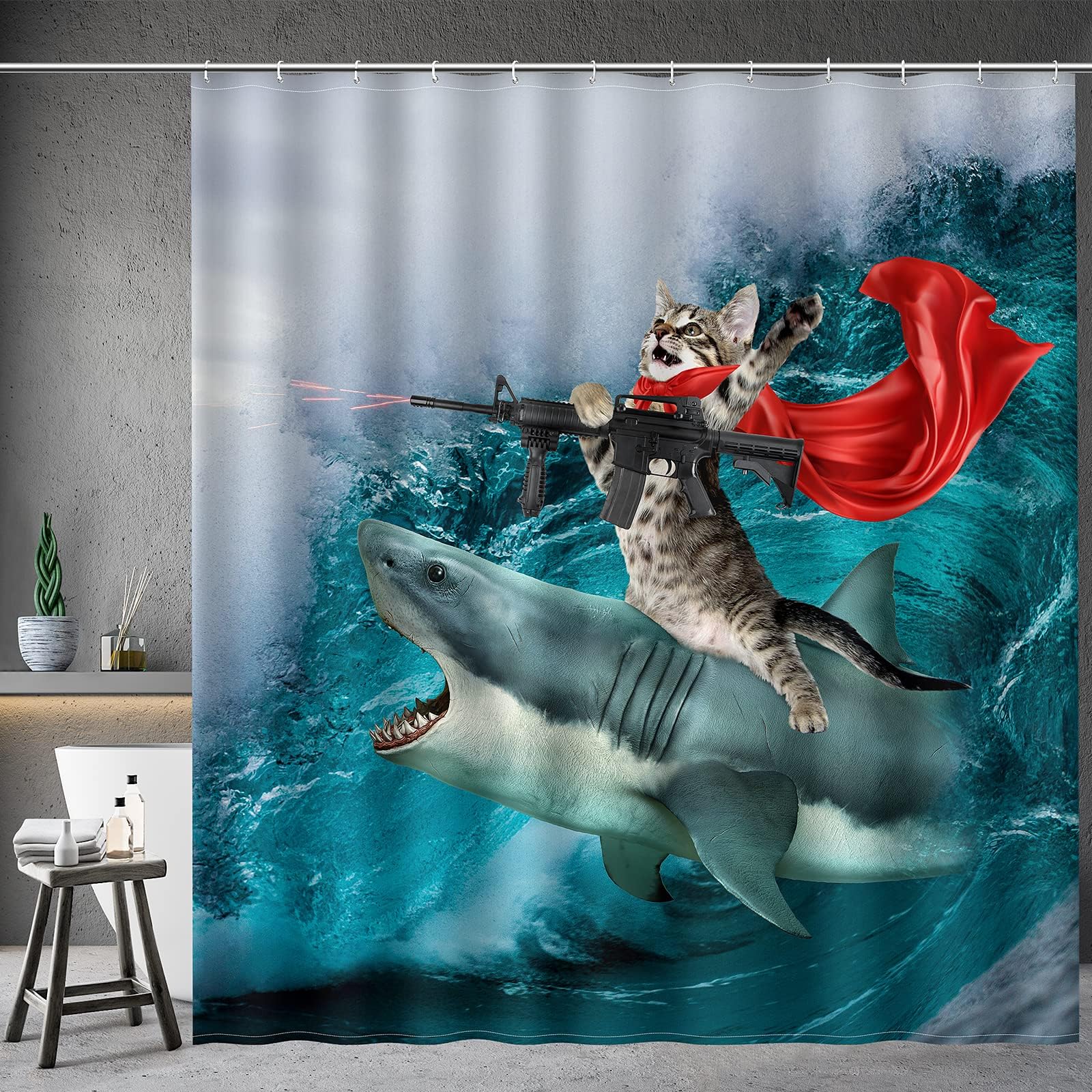 Amazon.com: Funny Cat Shower Curtain, Cool Fun Cat Riding Dinosaur ...