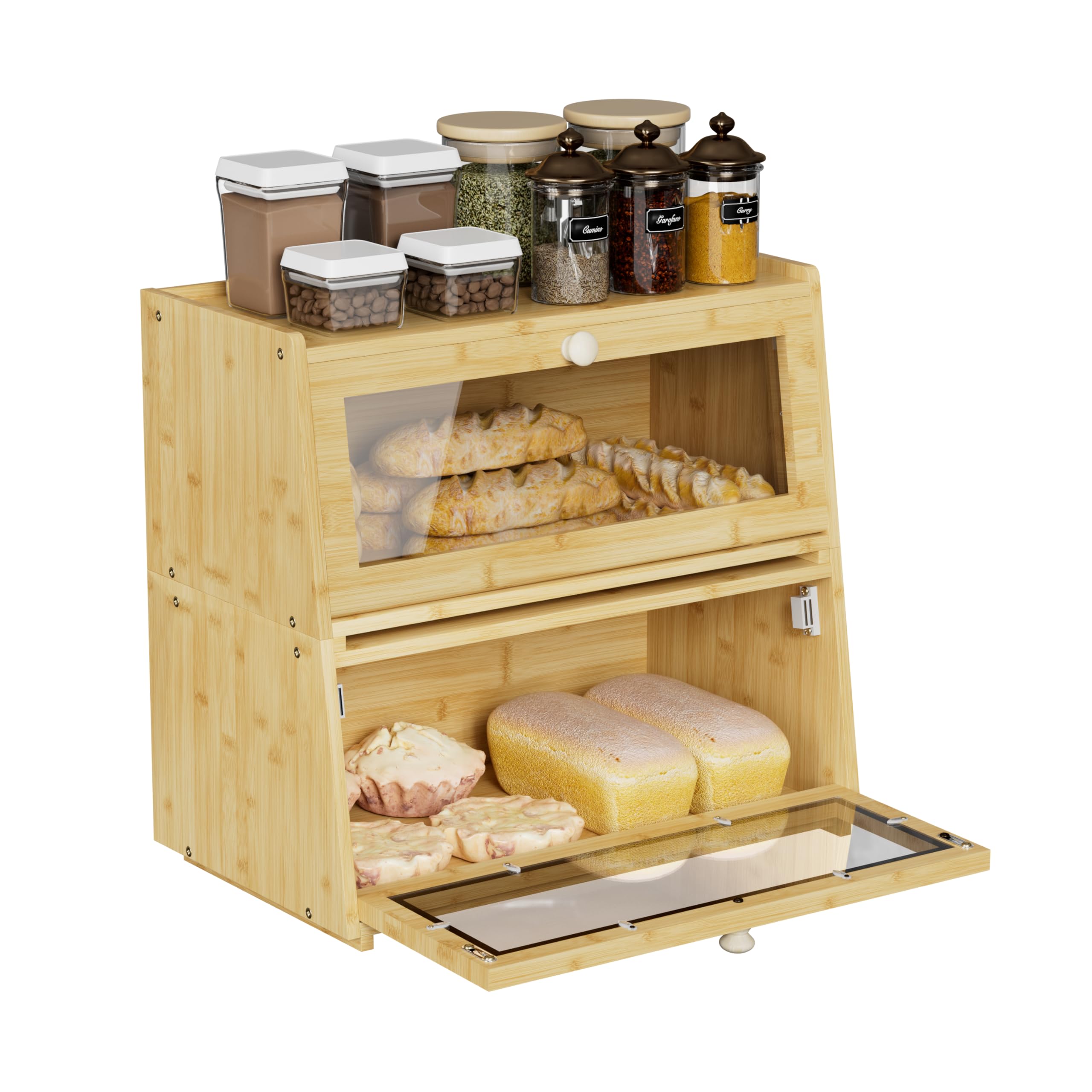 mosegor Bamboo Bread Bin, 2-Layer Bread Box with Acrylic Windows and ...