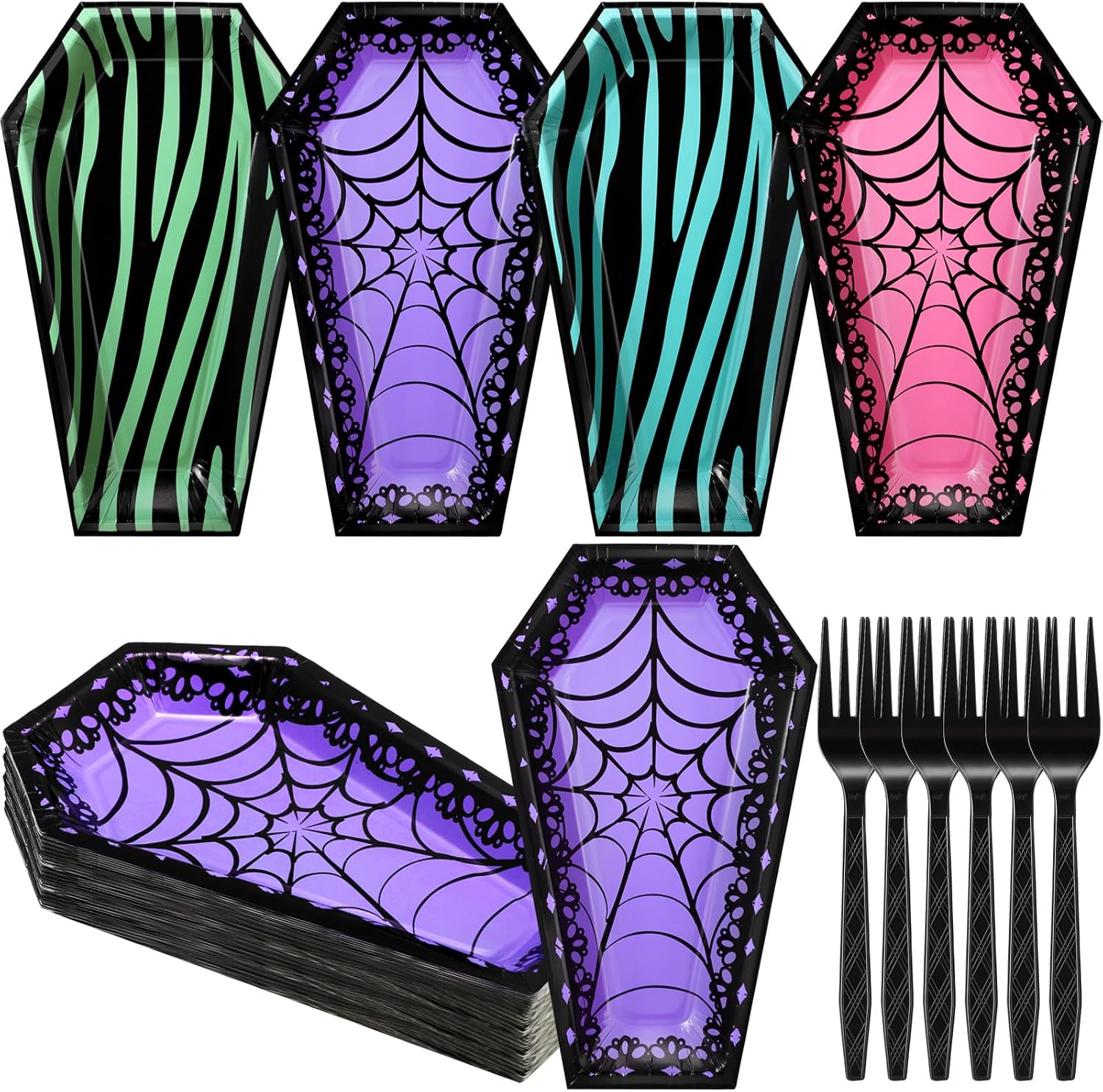Amazon.com: Remerry 24 Sets Halloween Coffin Plates with Black Forks ...